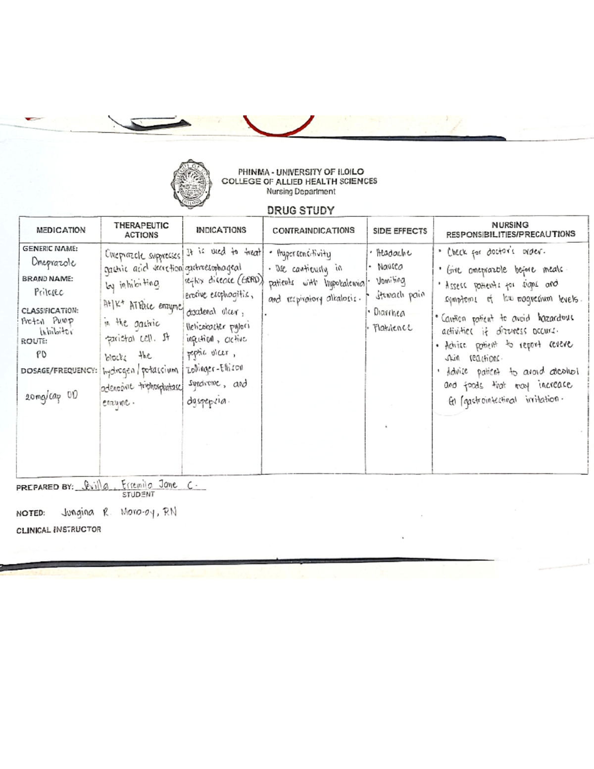 DRUG Study - Sevilla - Lecture notes. - PHINMA as UNIVERSITY OF ILOILO ...