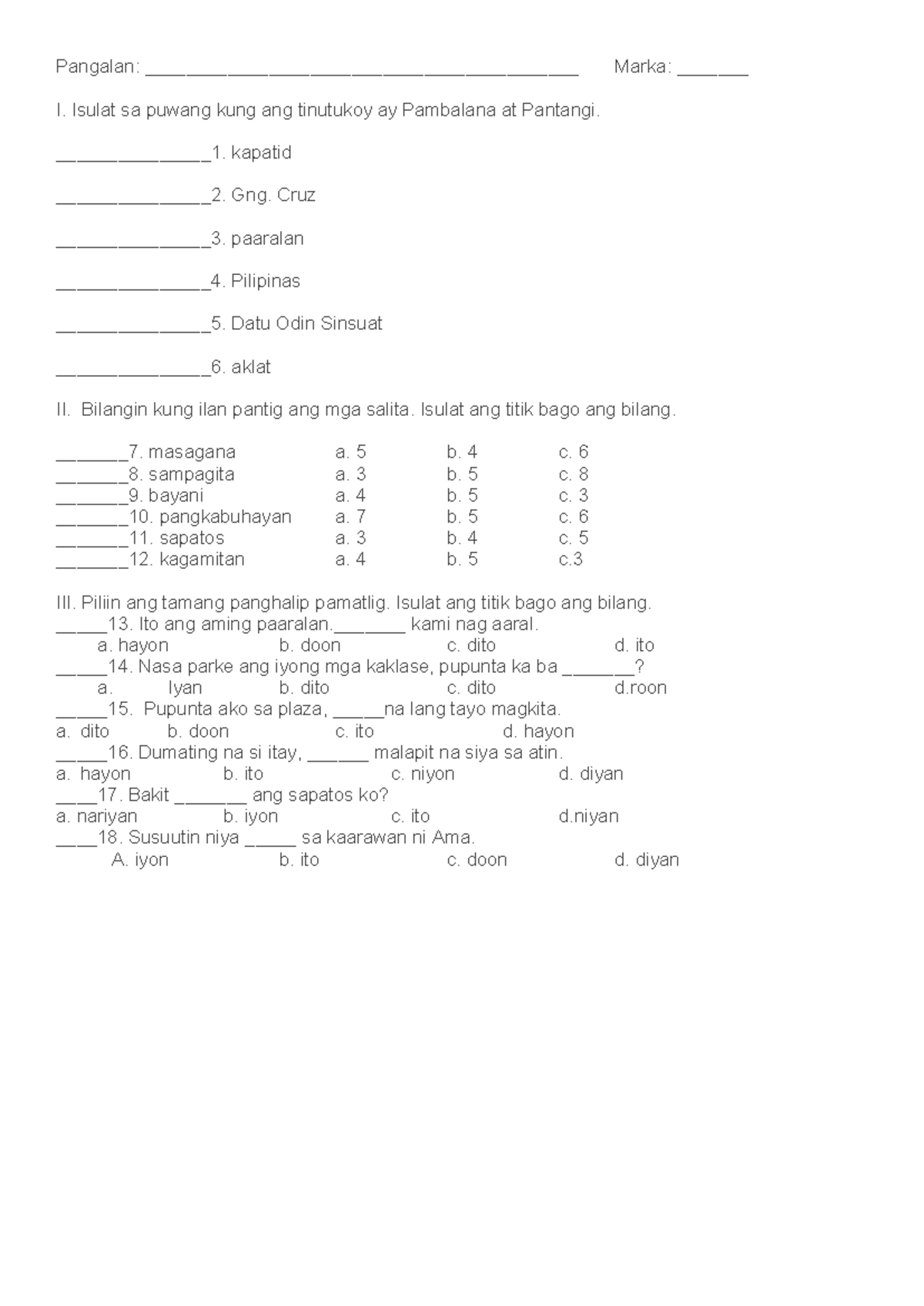 1 - TEST FOR GRADE 3 PUPILS - Pangalan ...