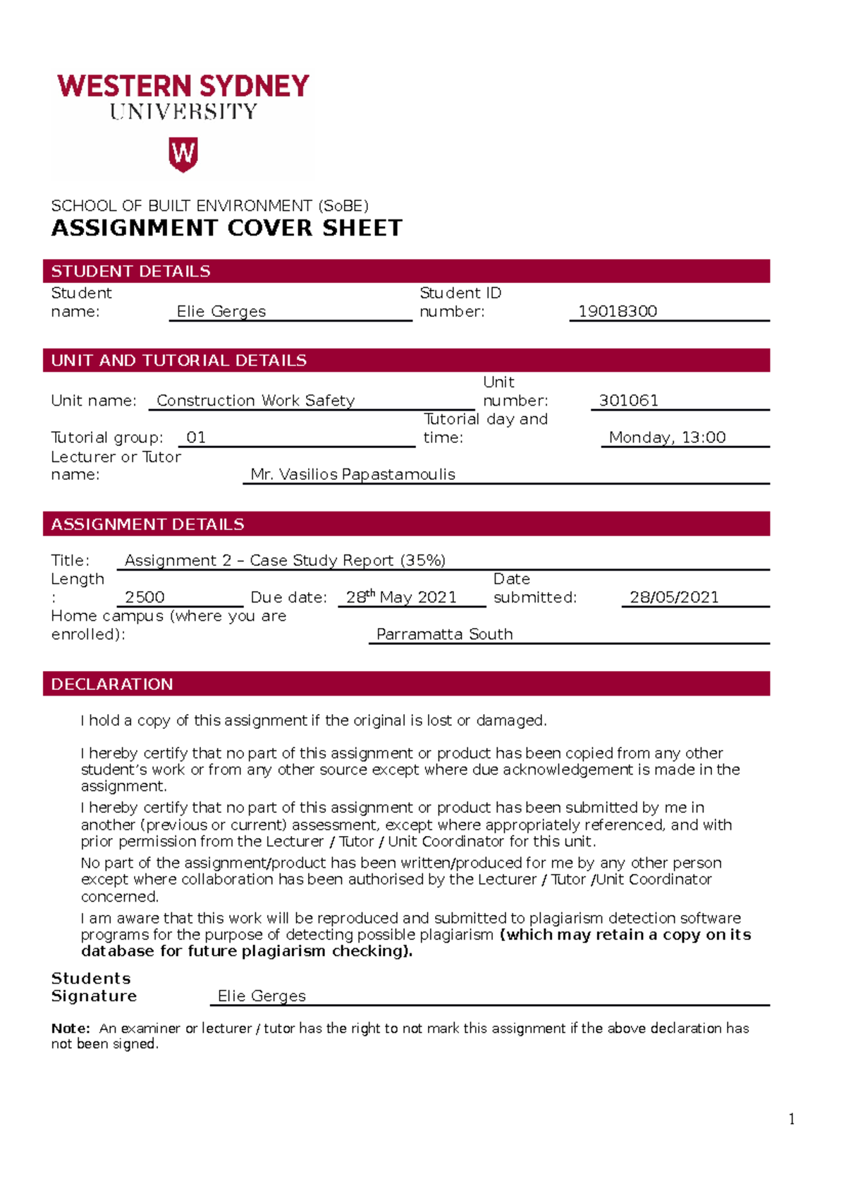 Construction Work Safety Assessment 2 - SCHOOL OF BUILT ENVIRONMENT ...