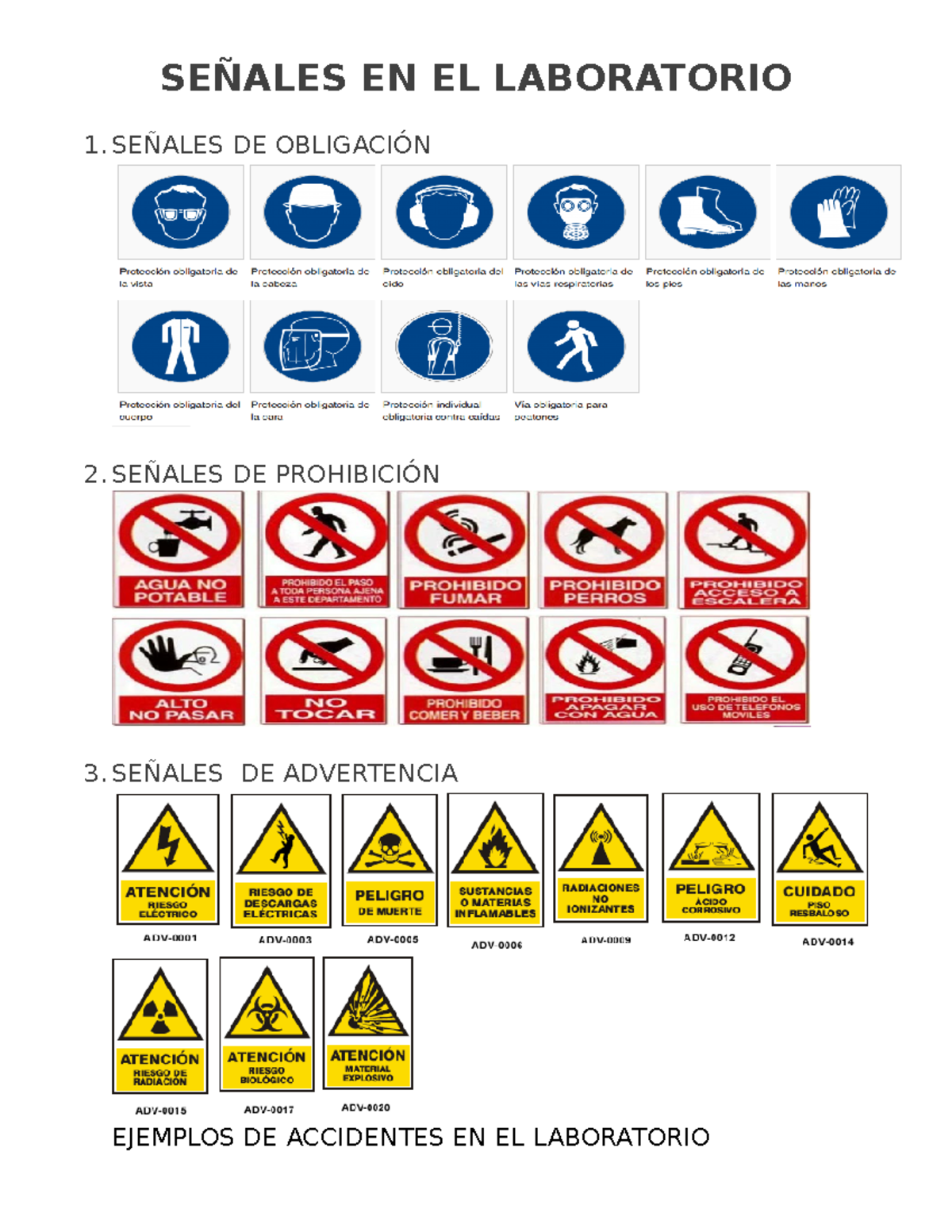 Señales EN EL Laboratorio - QUÍMICA - SEÑALES EN EL LABORATORIO 1. SEÑALES DE OBLIGACIÓN 2 ...