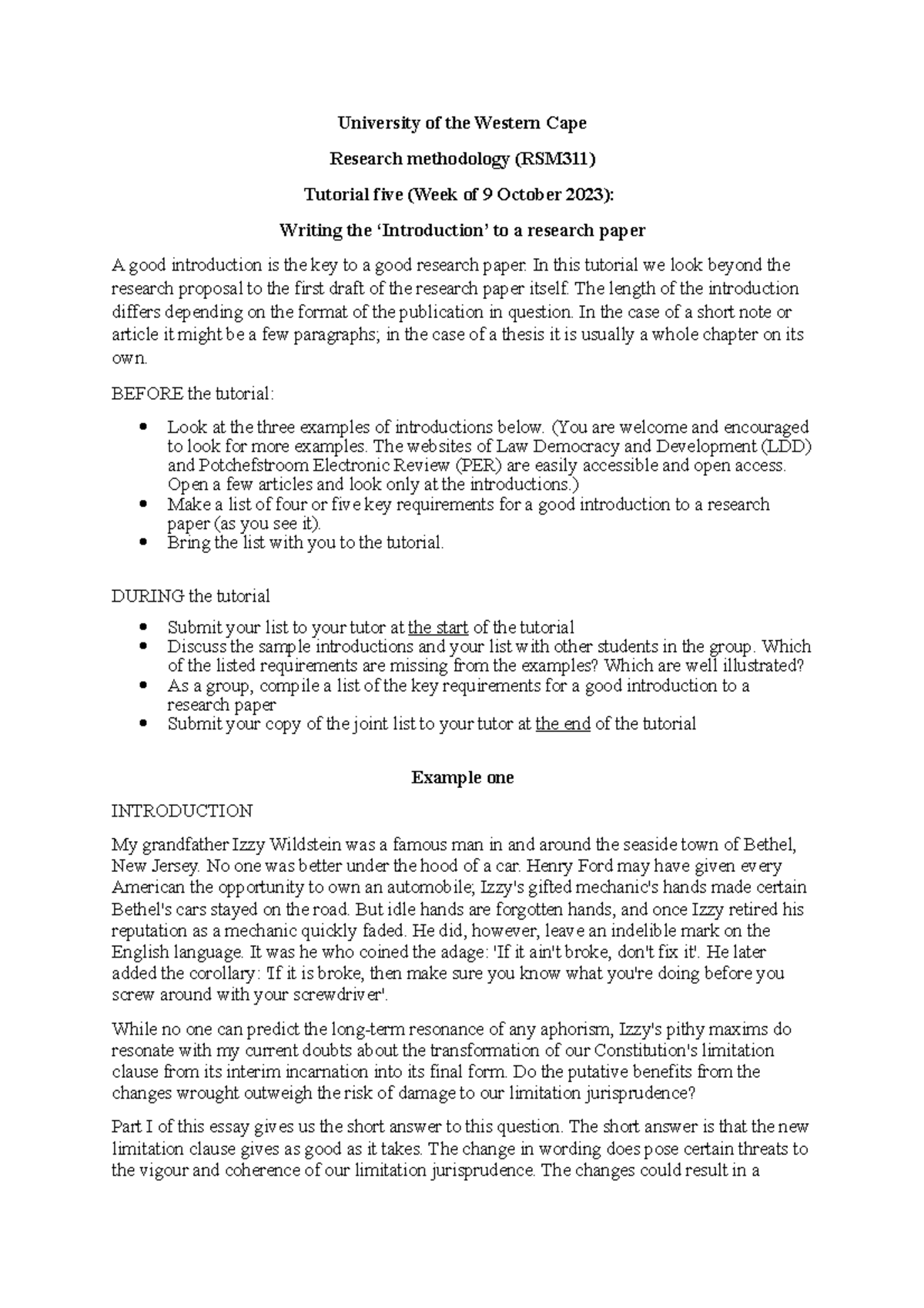 RSM311 2023 Tutorial five - University of the Western Cape Research methodology (RSM311 ...