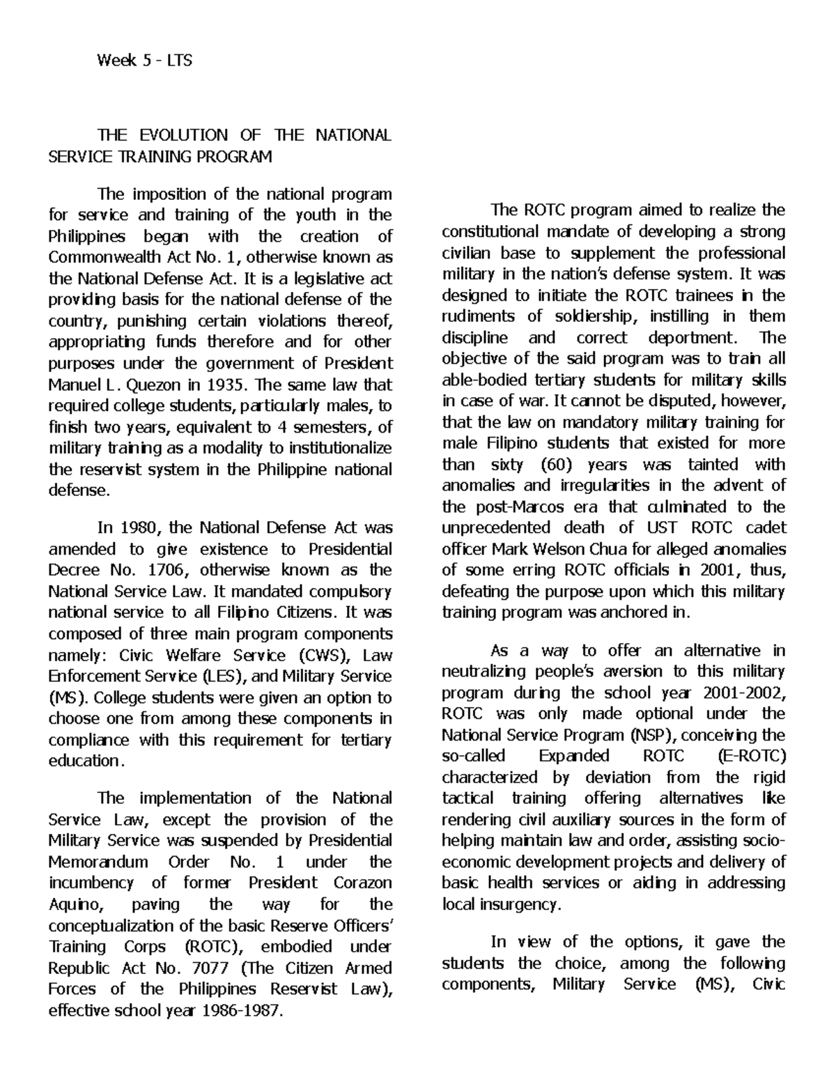 National Service Training Program LTS - Week 5 - LTS THE EVOLUTION OF ...