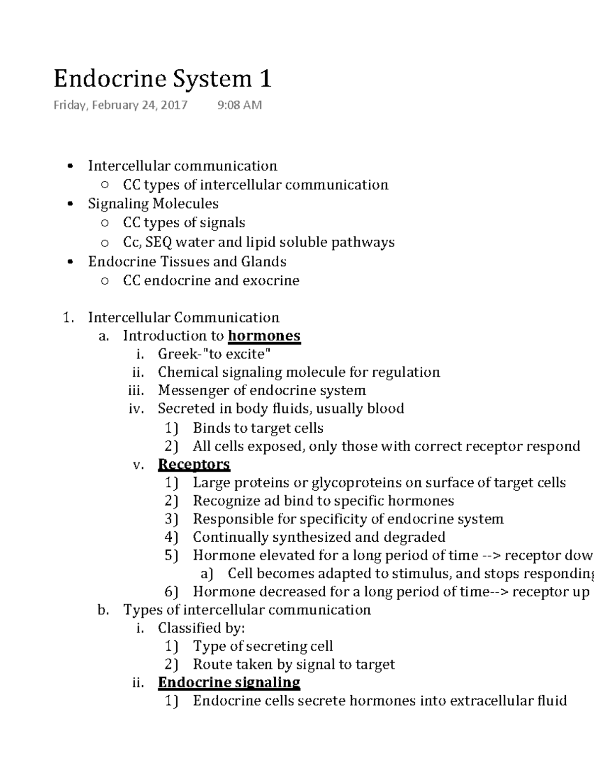 Endocrine System 1 - Lecture notes 11 - Endocrine System 1 Friday ...