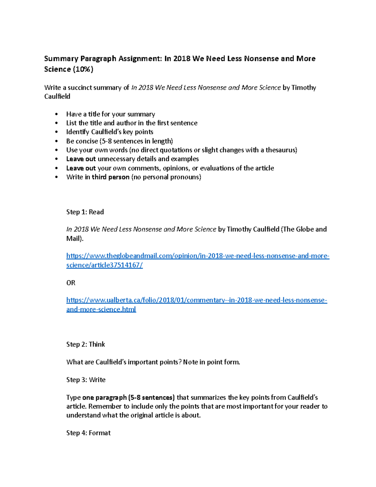 1 - Summary - need to be precise - Summary Paragraph Assignment: In ...