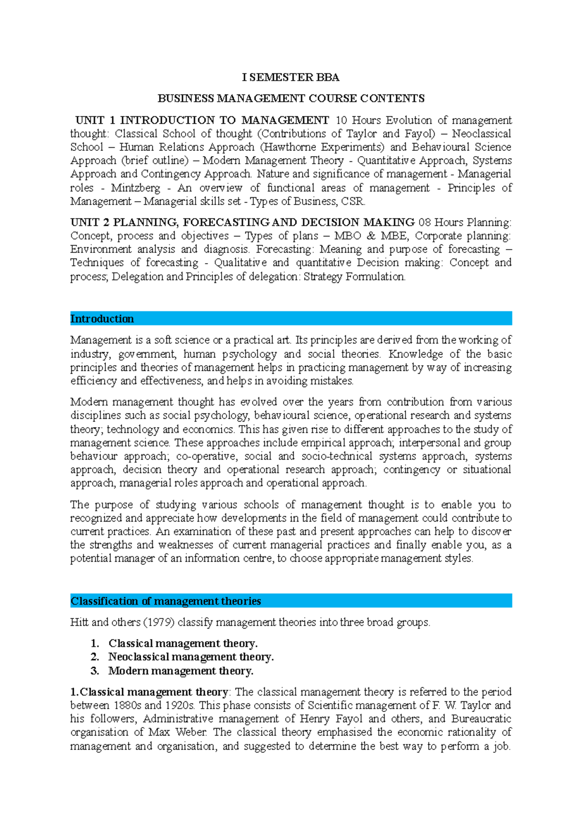 Business MGMT. Notes - For exam purpose - I SEMESTER BBA BUSINESS ...