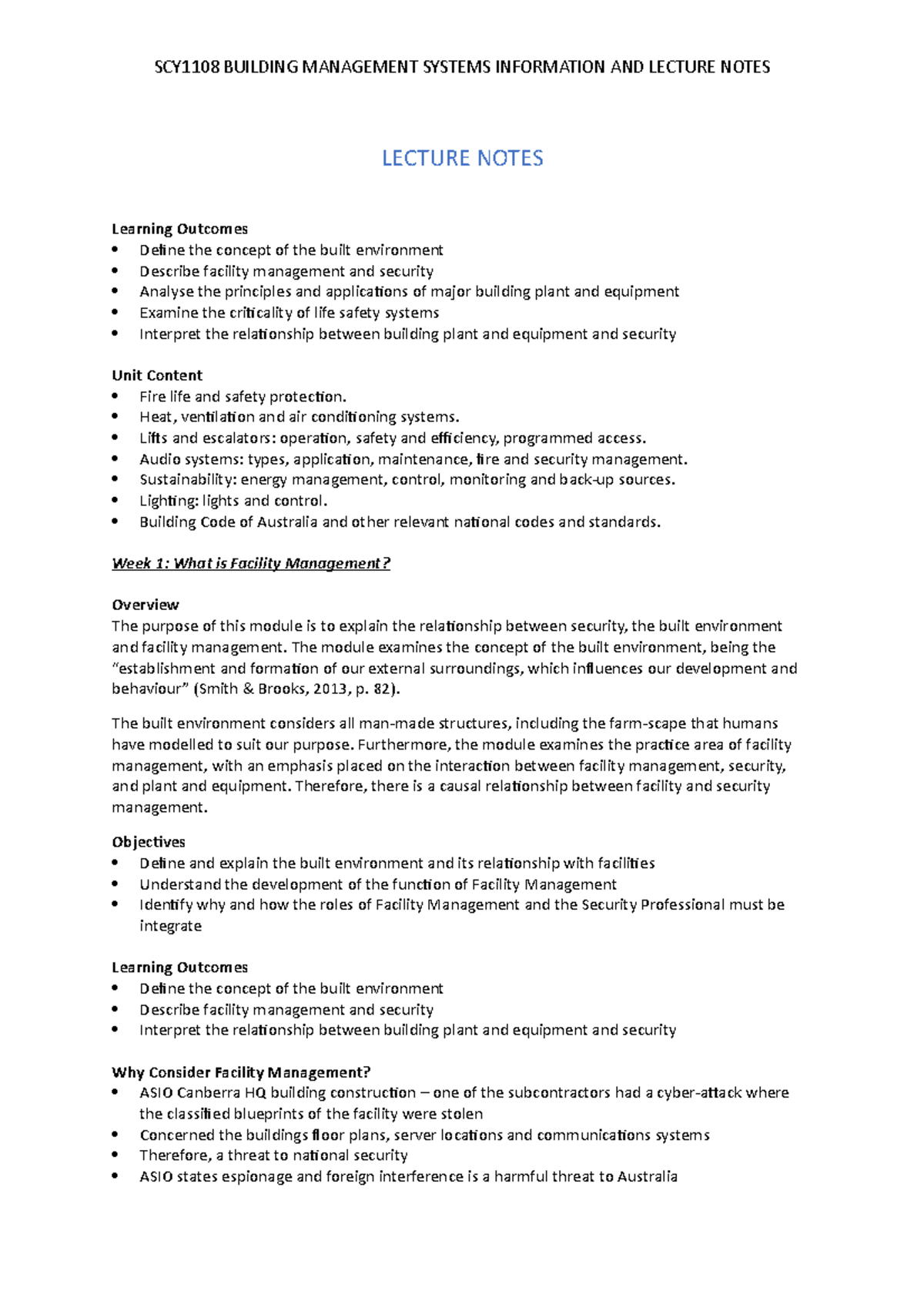 Building Managment Systems Lecture Notes Lecture Notes Learning Outcomes Define The Concept Of