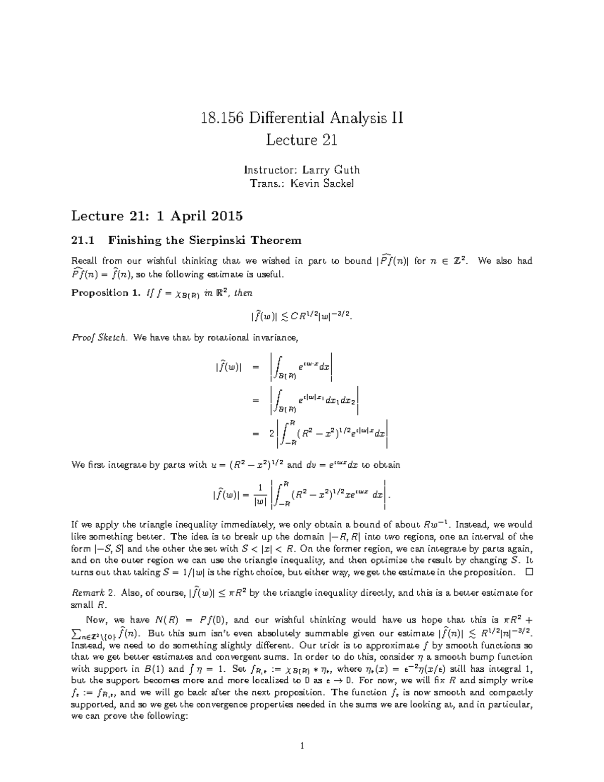 Gauss Circle Problem Ii 18 Differential Analysis Ii Lecture 21 Instructor Larry Guth Trans
