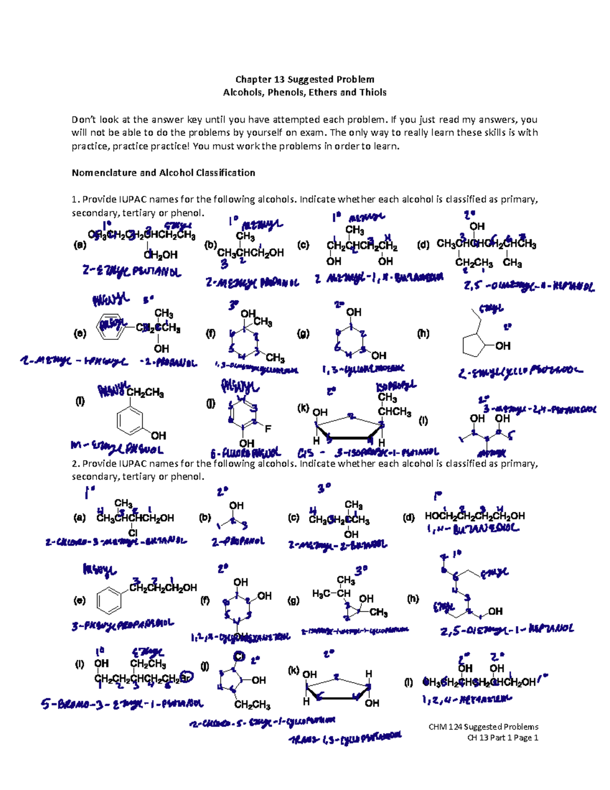 CH 13 Suggested Problem Set Part 1 Naming and Properties - CHM 124 Suggested Problems CH 13 Part ...