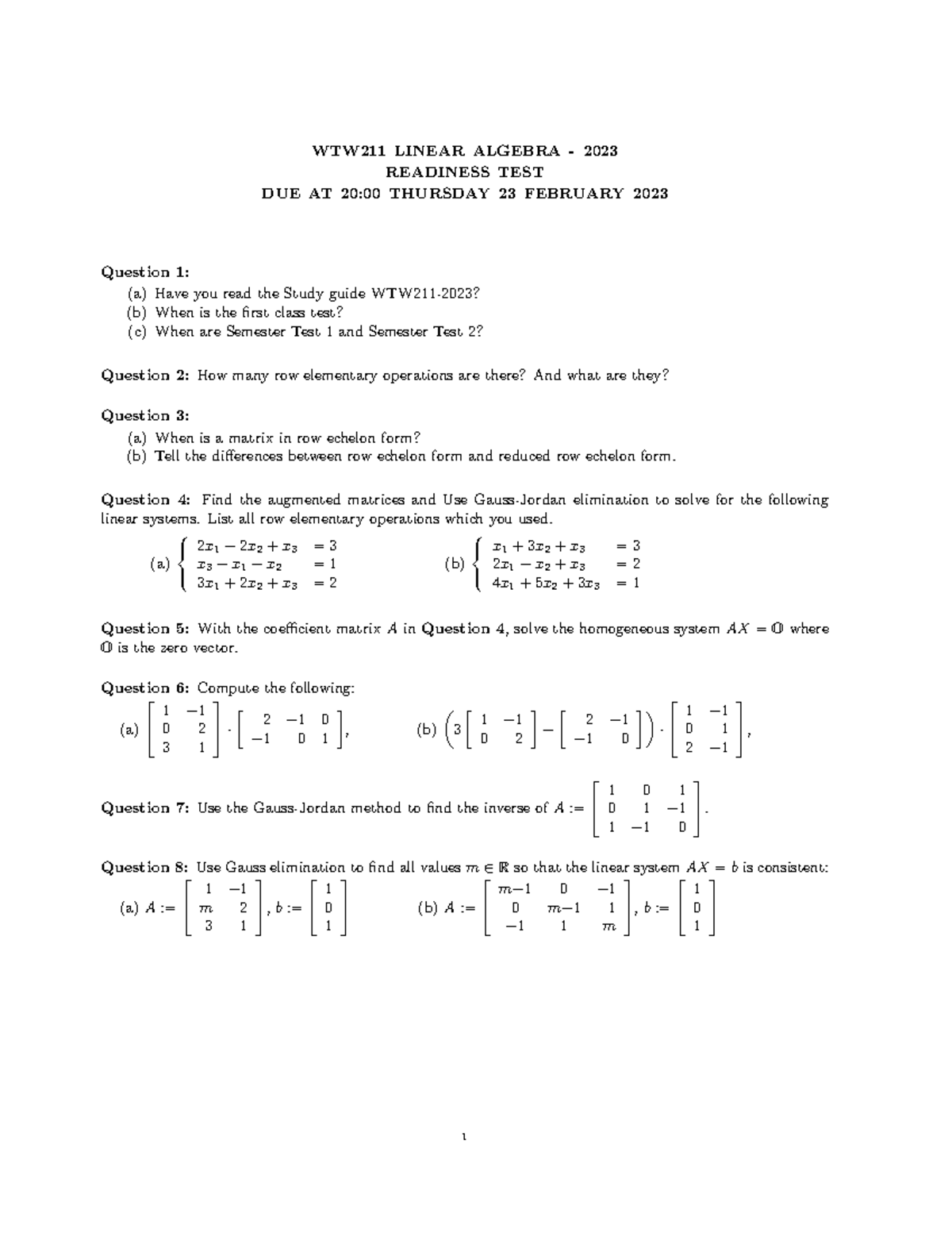 WTW 211 test 0 - Test 0 - WTW211 LINEAR ALGEBRA - 2023 READINESS TEST ...