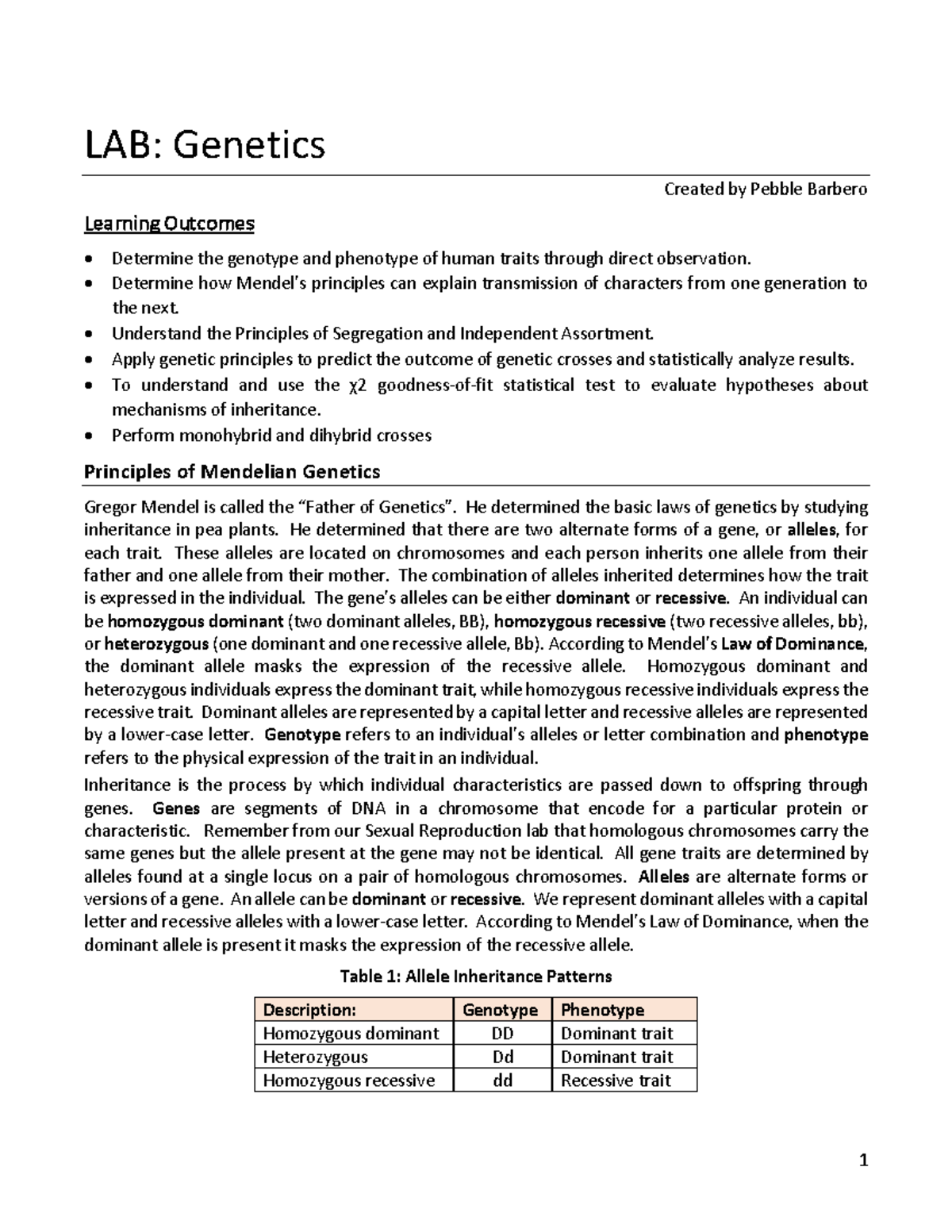 BIOL 1406, Lab #9 - Genetics - LAB: Genetics Created by Pebble Barbero ...
