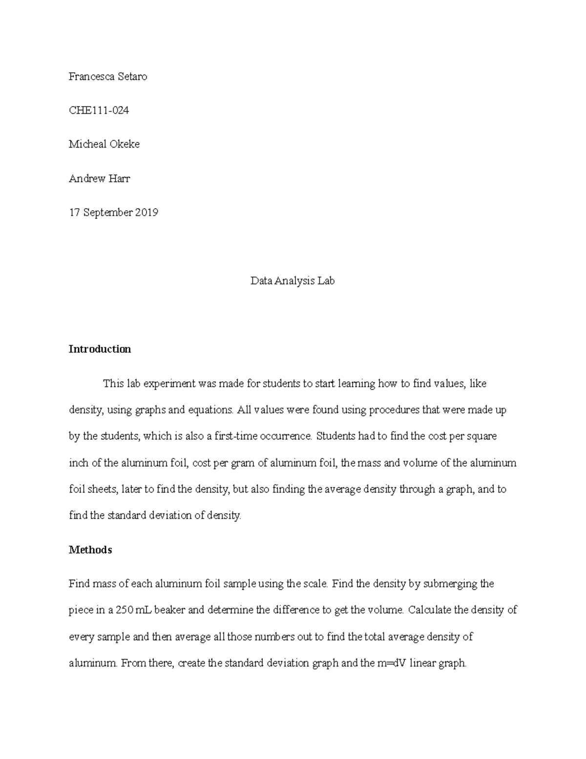 3 Setaro Francesca - Grade: A - Francesca Setaro CHE111- Micheal Okeke ...