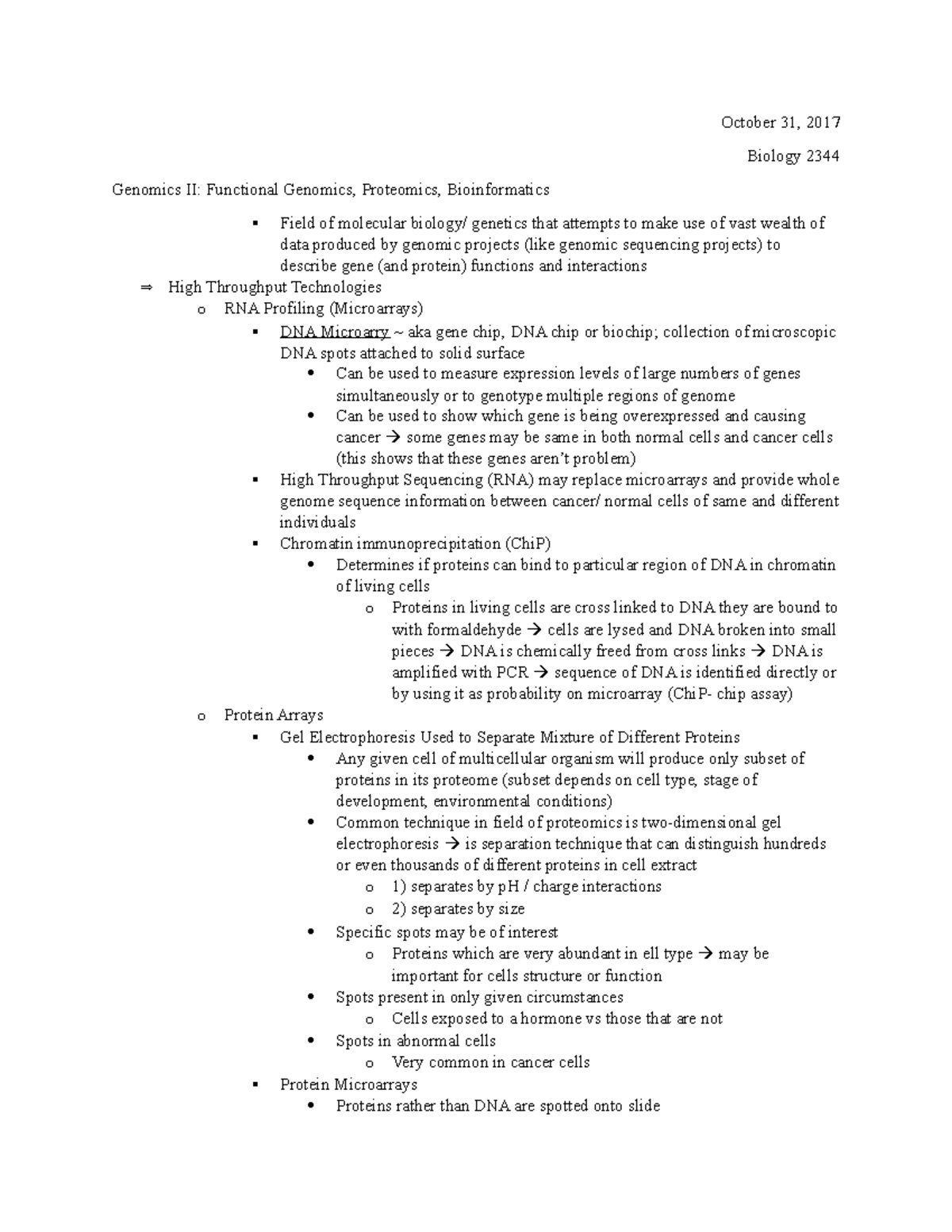 October 31 - Genomics II - October 31, 2017 Biology 2344 Genomics II: Functional Genomics, - Studocu