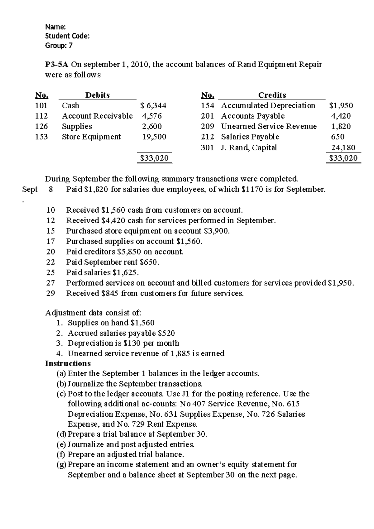 P3 - ádsad - Name: Student Code: Group: 7 P3-5A On september 1, 2010 ...