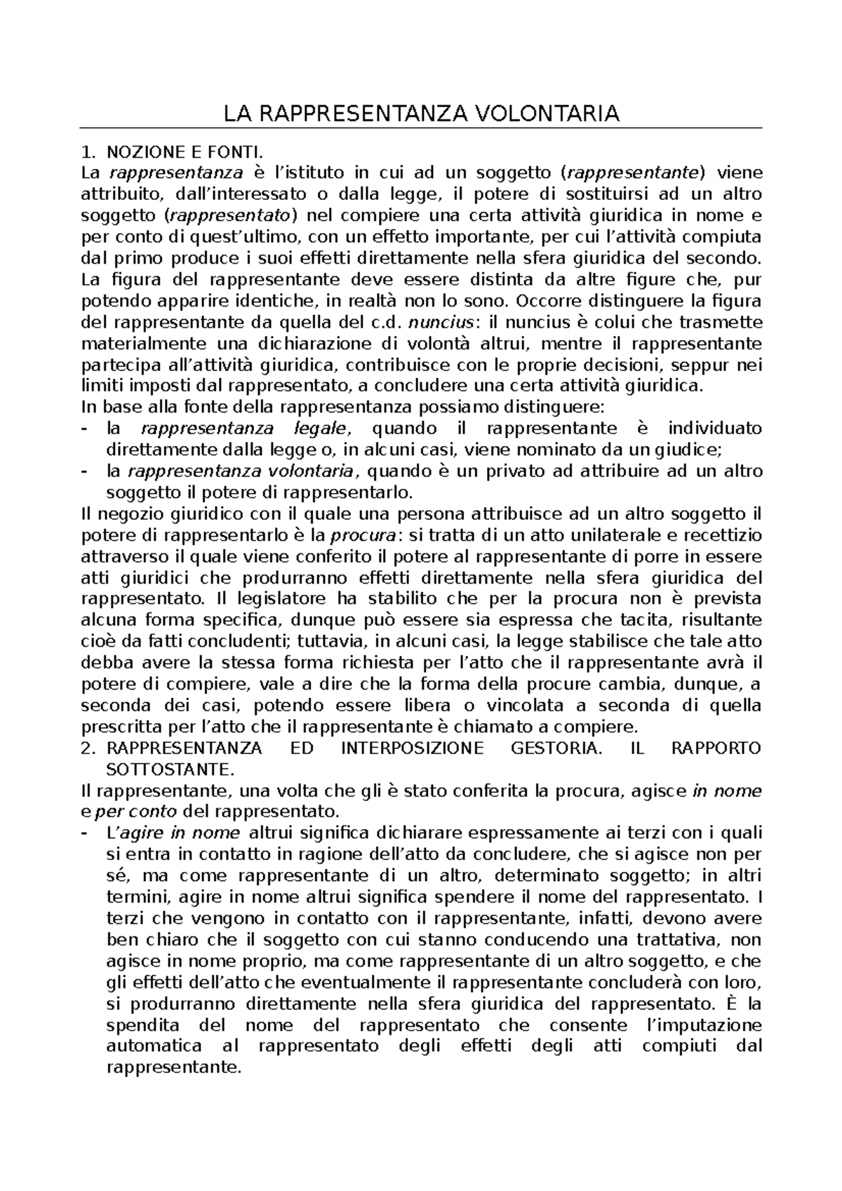LA Rappresentanza Volontaria - LA RAPPRESENTANZA VOLONTARIA 1. NOZIONE ...
