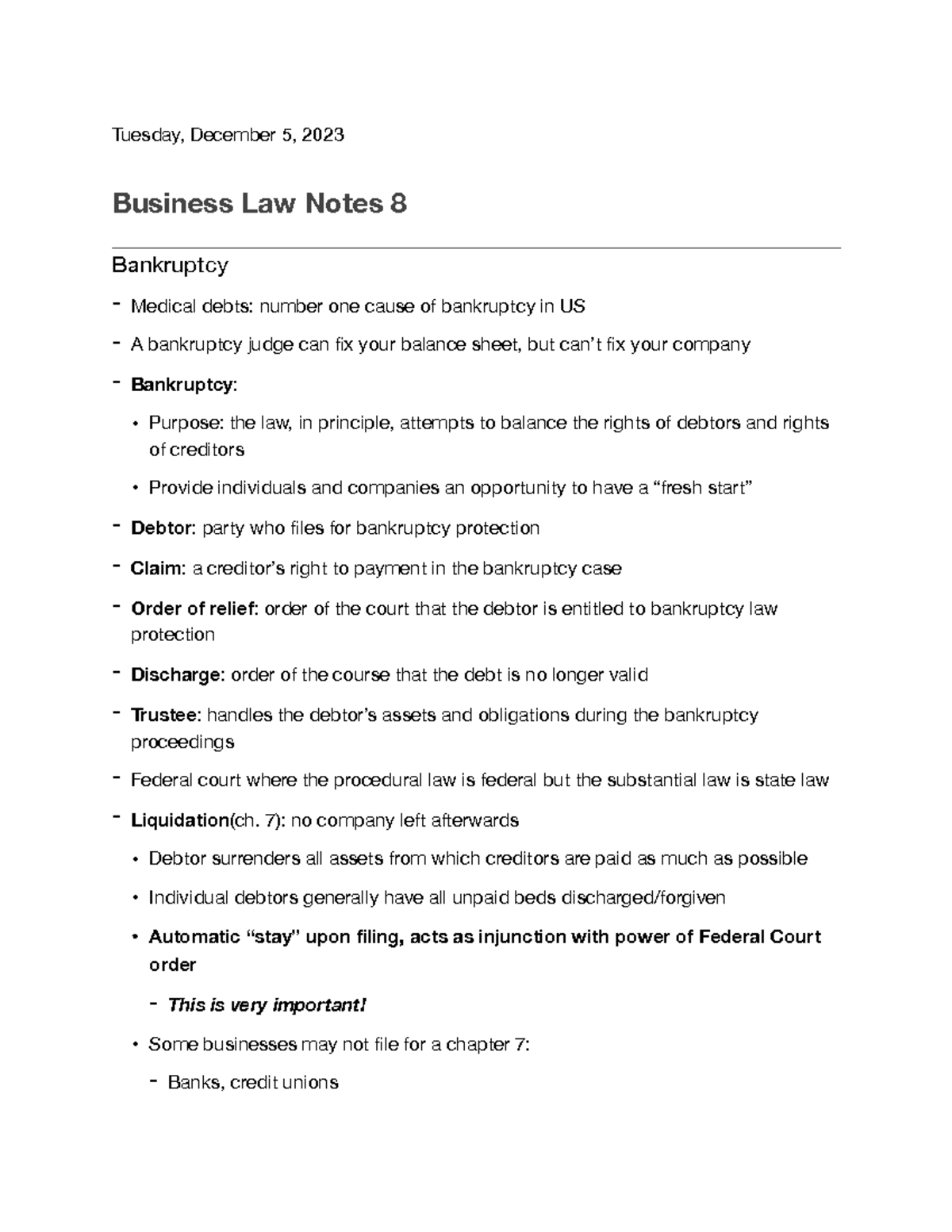 Business Law Notes 8 - Tuesday, December 5, 2023 Business Law Notes 8 ...
