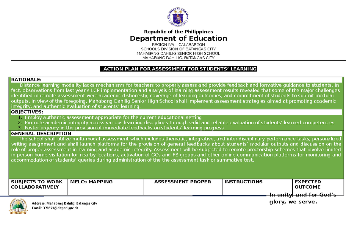 Action PLAN FOR Assessment FOR Q1-2 - Department of Education REGION ...
