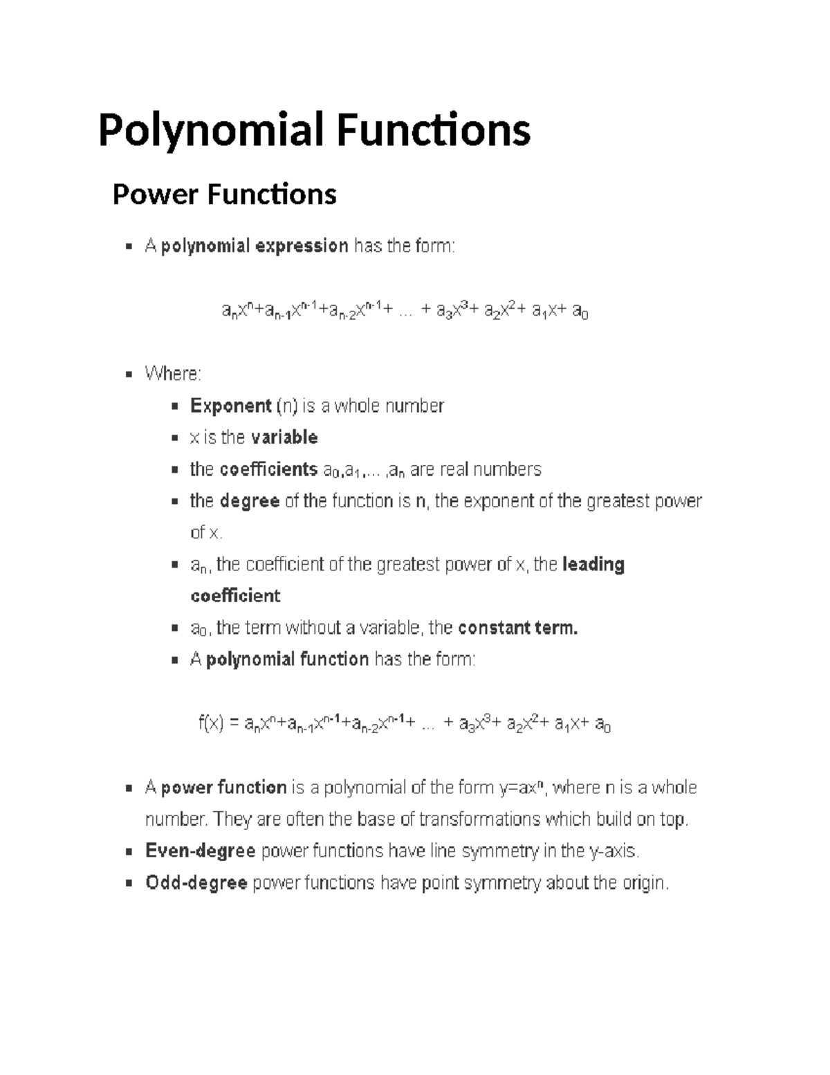 Notes On Polynomial Functions Polynomial Functions Power Functions