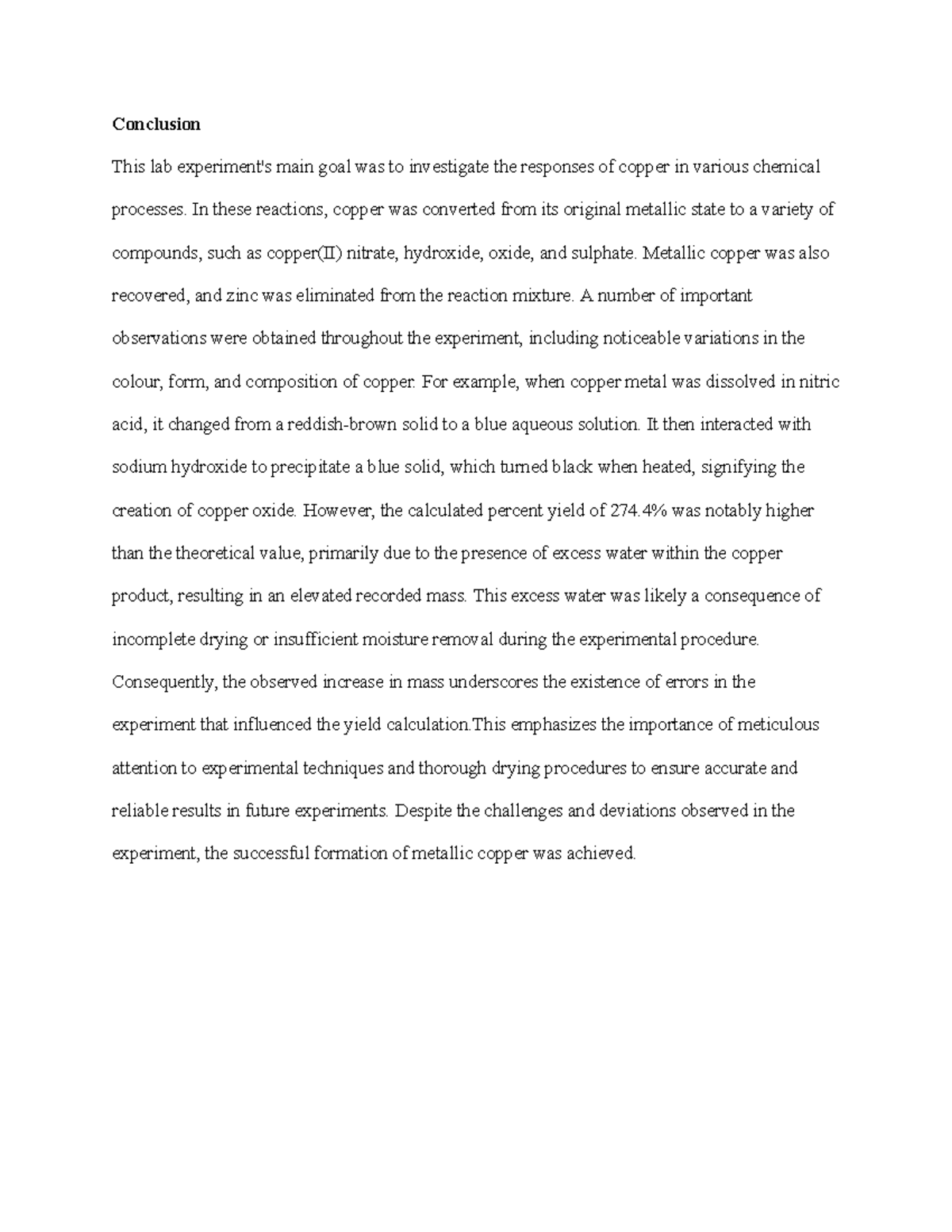 Chem120L - Exp 1 conclusion - Conclusion This lab experiment's main ...
