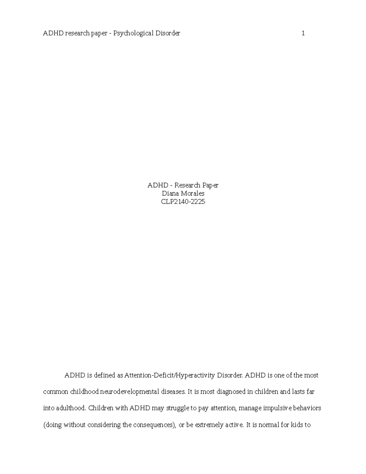 ADHD - study notes, homework, course materials - ADHD research paper ...