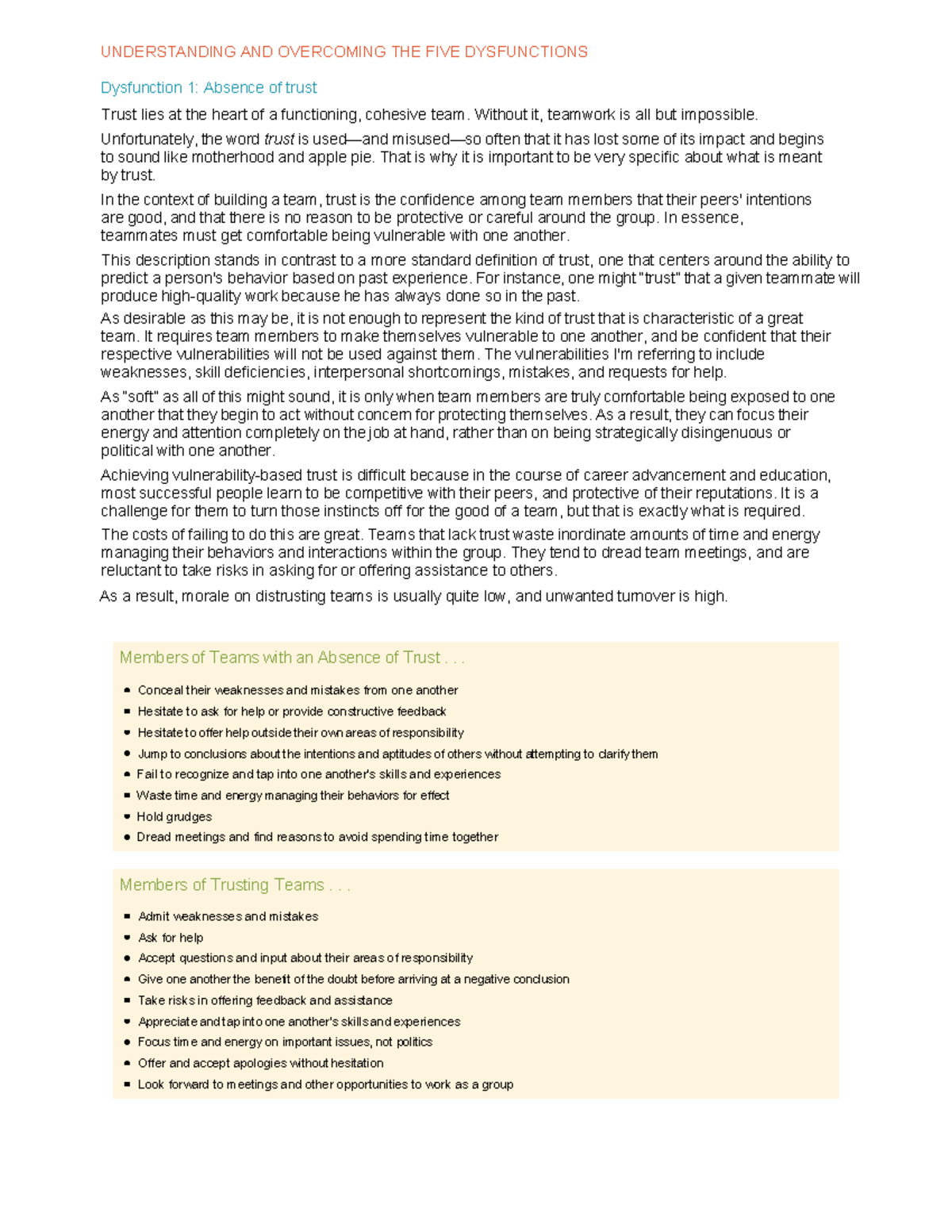 Trust - UNDERSTANDING AND OVERCOMING THE FIVE DYSFUNCTIONS Dysfunction ...