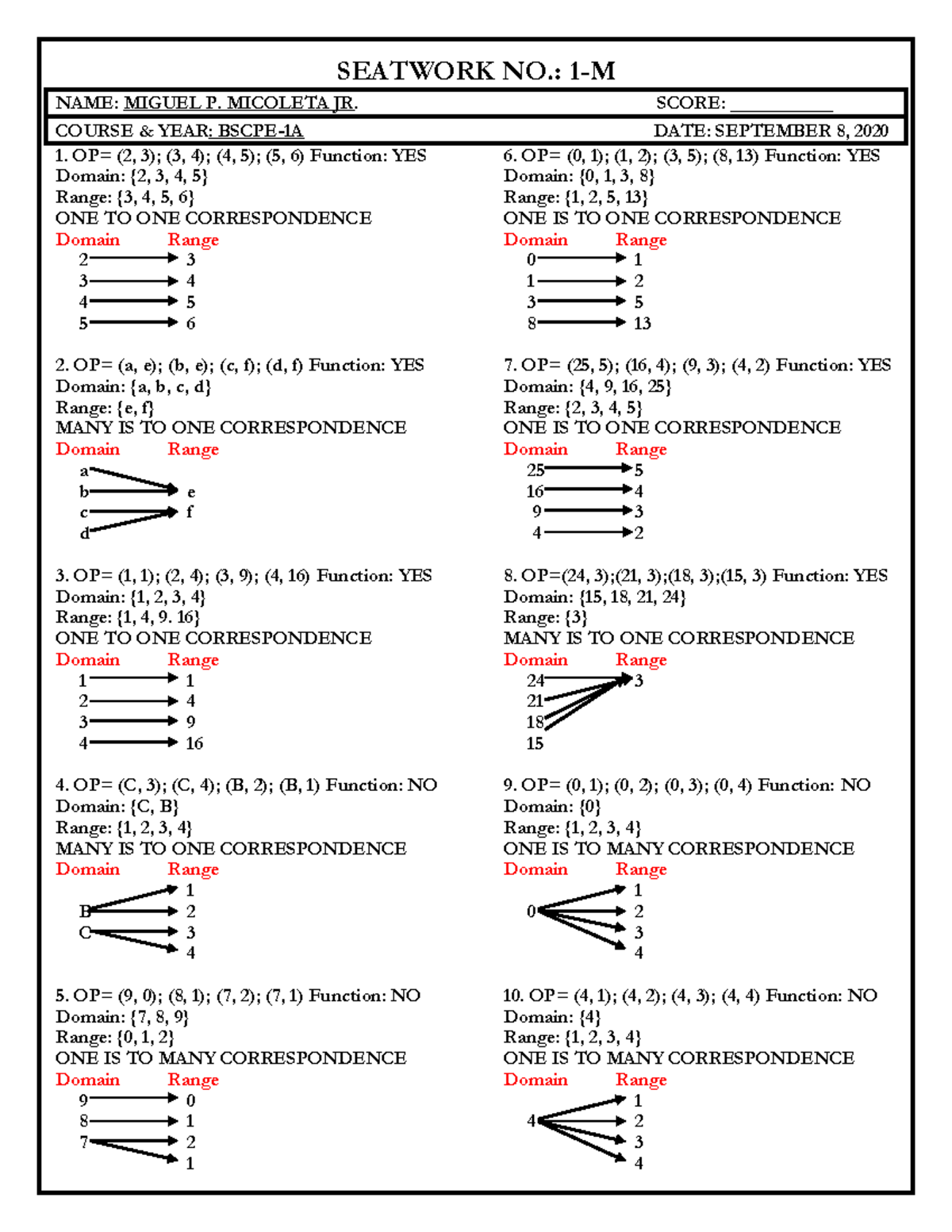 Differential Calculus-Seatwork 1 - SEATWORK NO.: 1-M NAME: MIGUEL P. MICOLETA JR. SCORE ...
