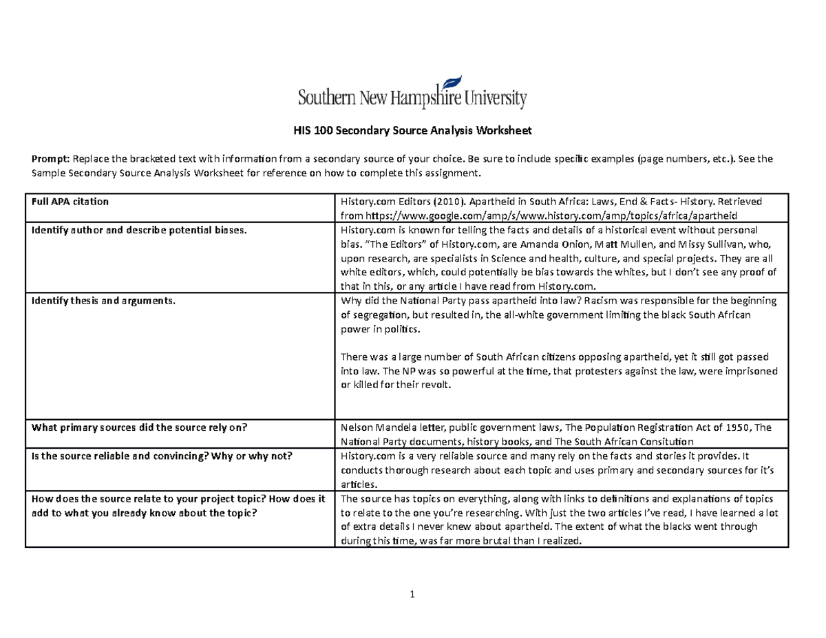 HIS 100 Secondary Source Analysis Worksheet - HIS 100 Secondary Source ...