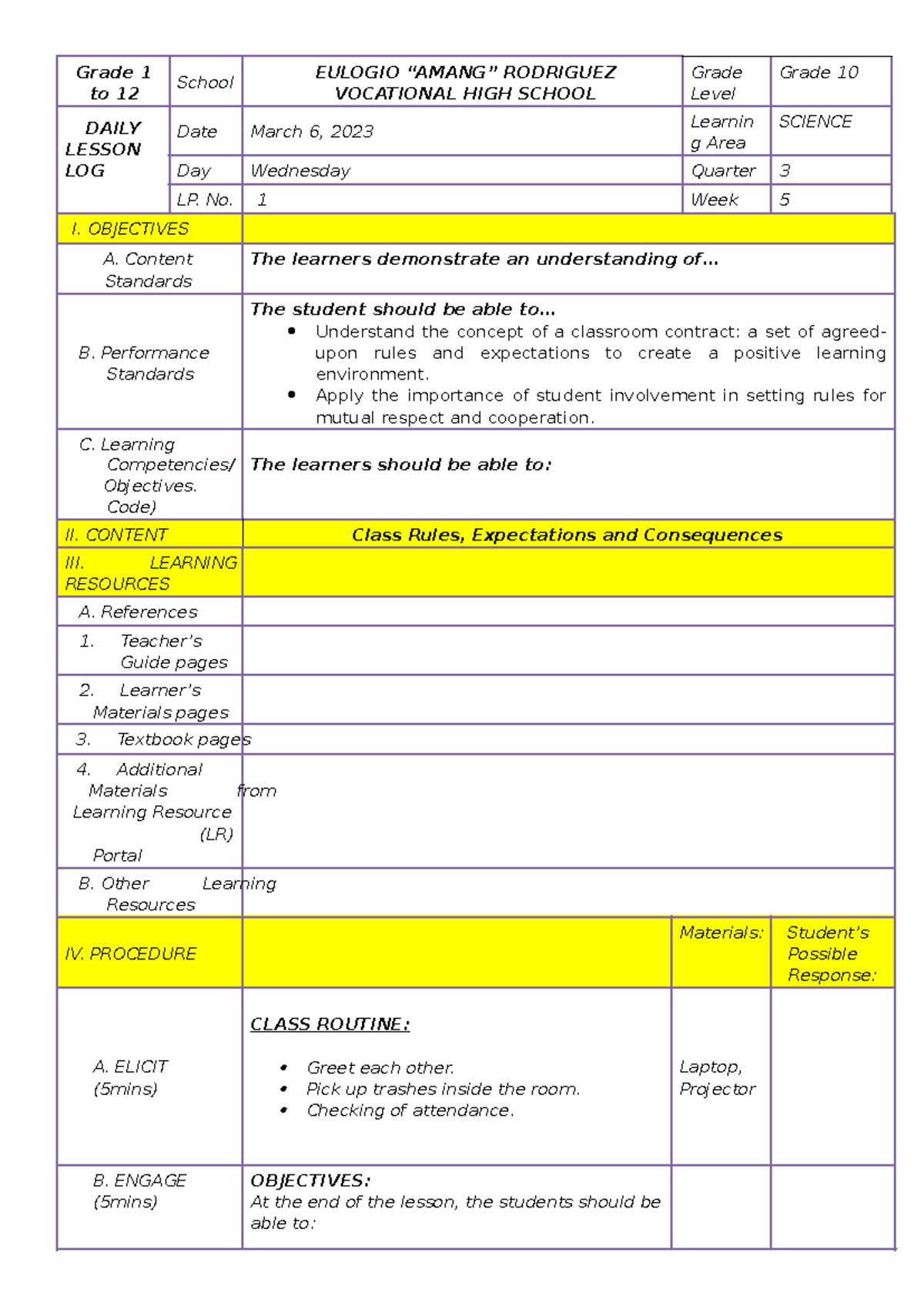 Class Rules, Expectations and Consequences LP - Grade 1 to 12 School ...