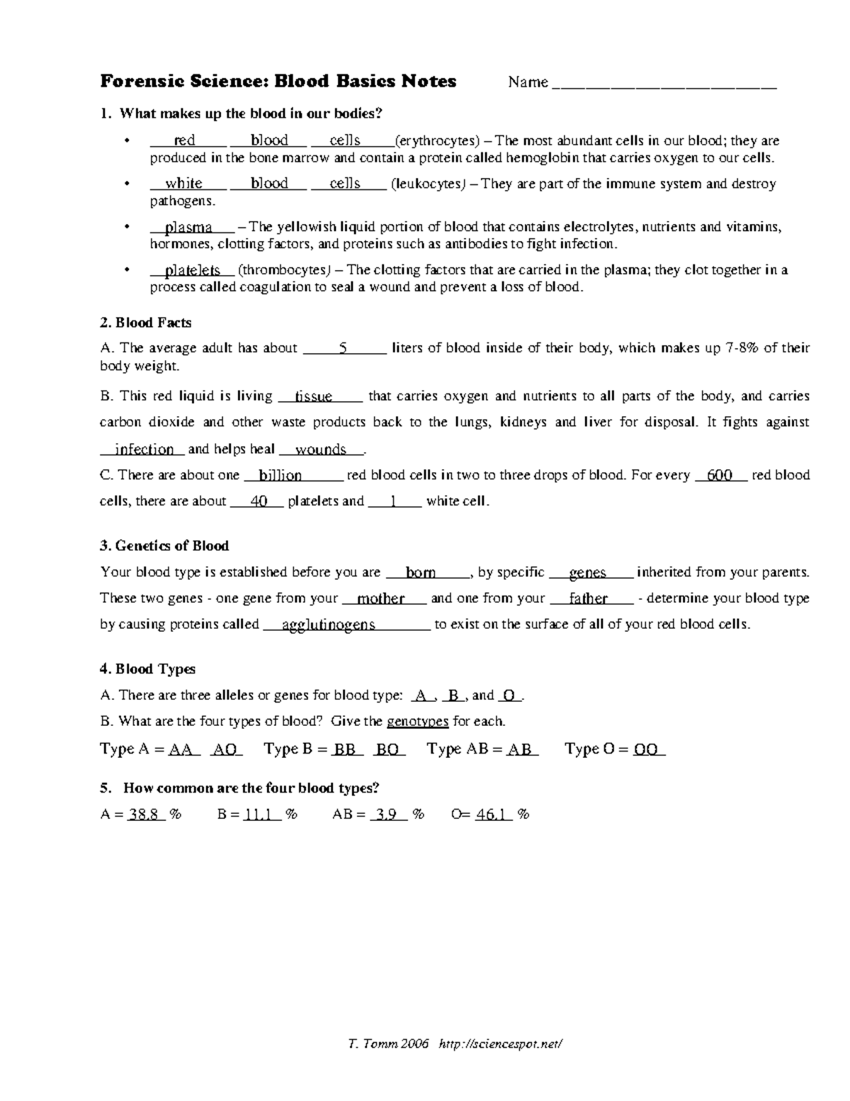 Bloodbasicswkst - Assignment for Blood Spatter Lab - T. Tomm 2006 ...