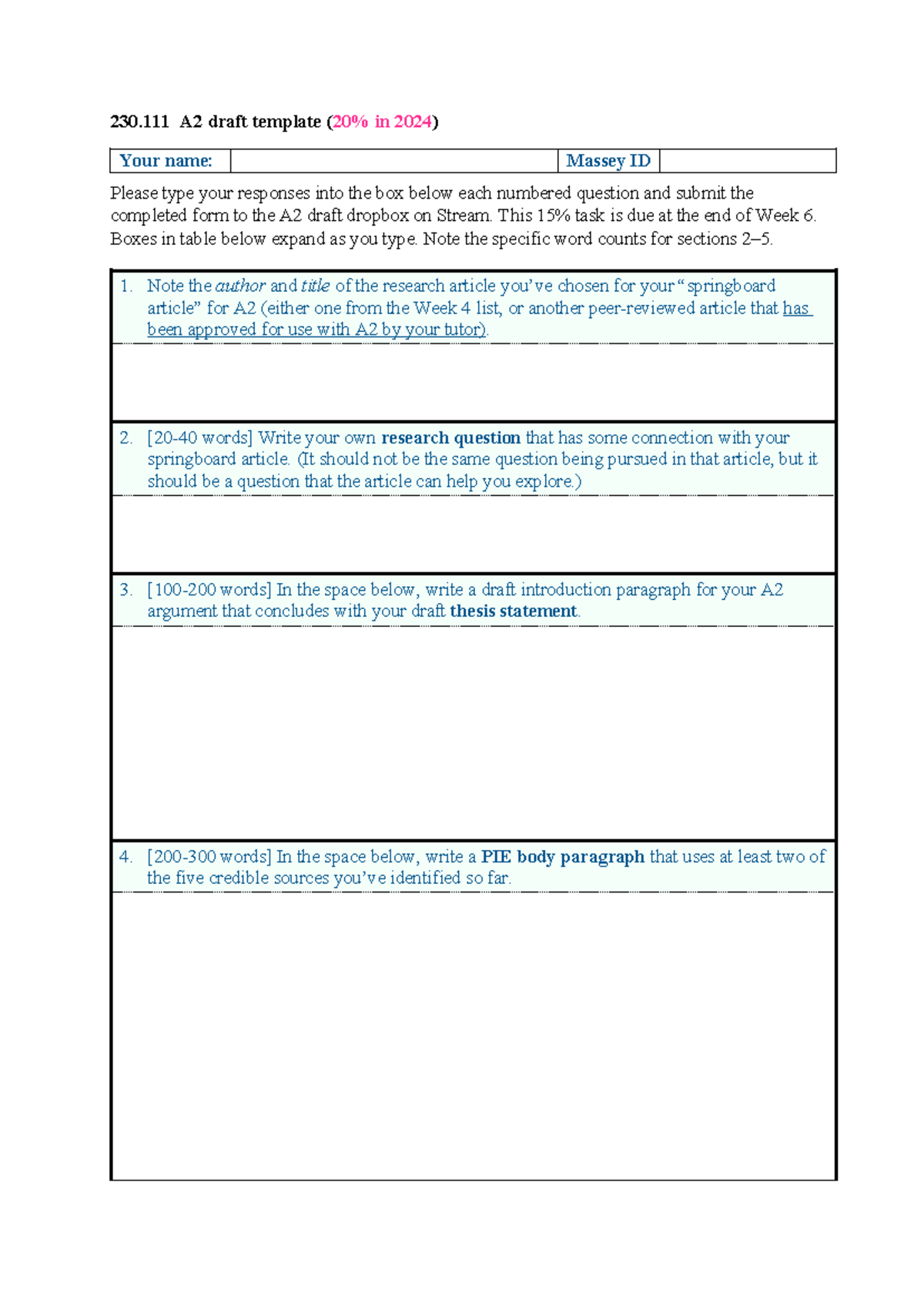 A2 Draft Researched Argument template 2024update - 230 A2 draft template (20% in 2024) Your name ...