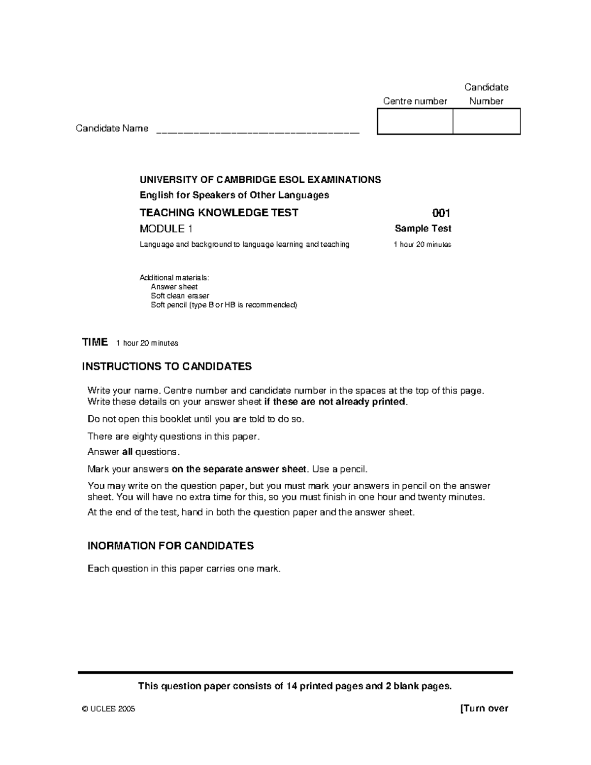 TKT Module 1 Practice Test - Candidate Centre number Number Candidate ...