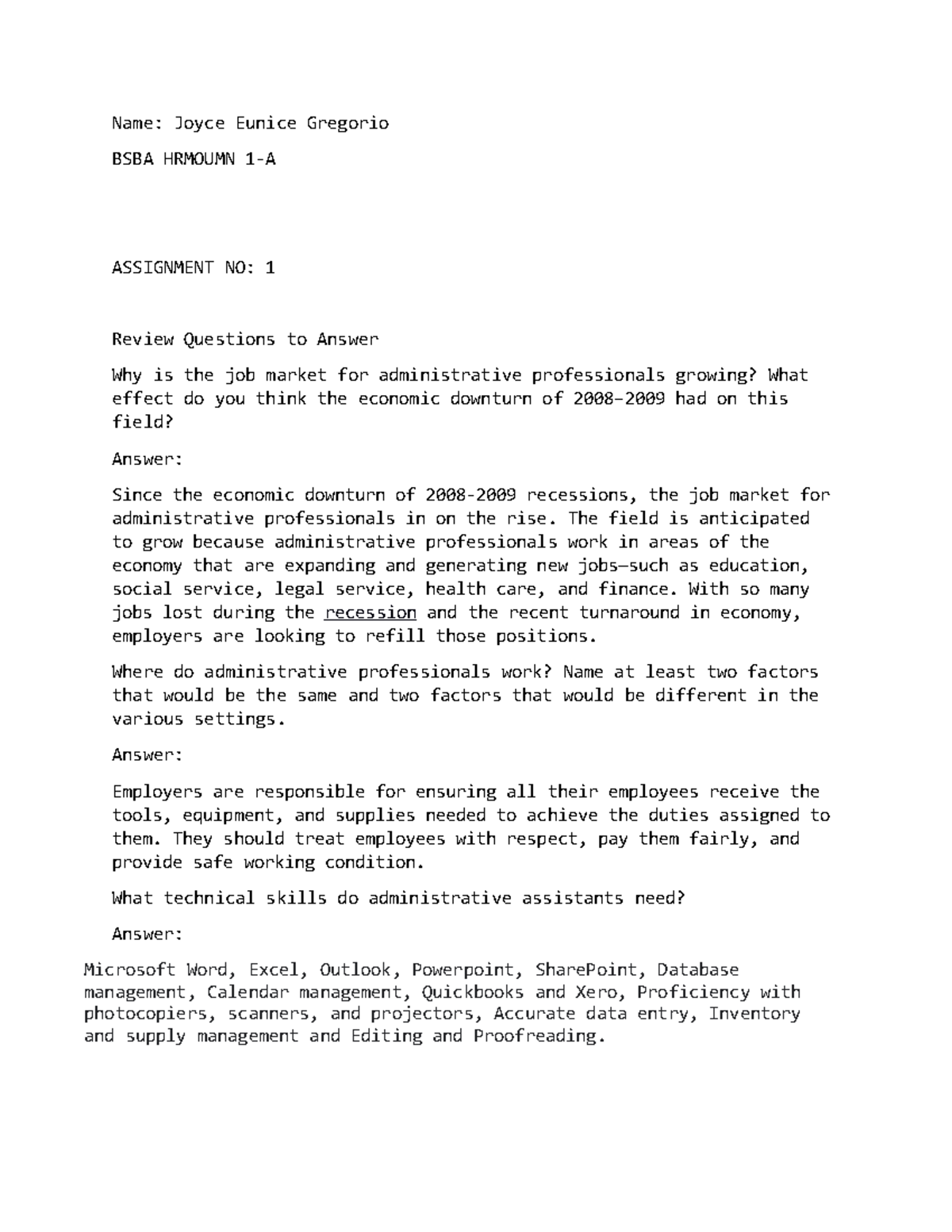 AOM ASSIGNMENT NUMBER 1&2 and final exam - Name: Joyce Eunice Gregorio ...