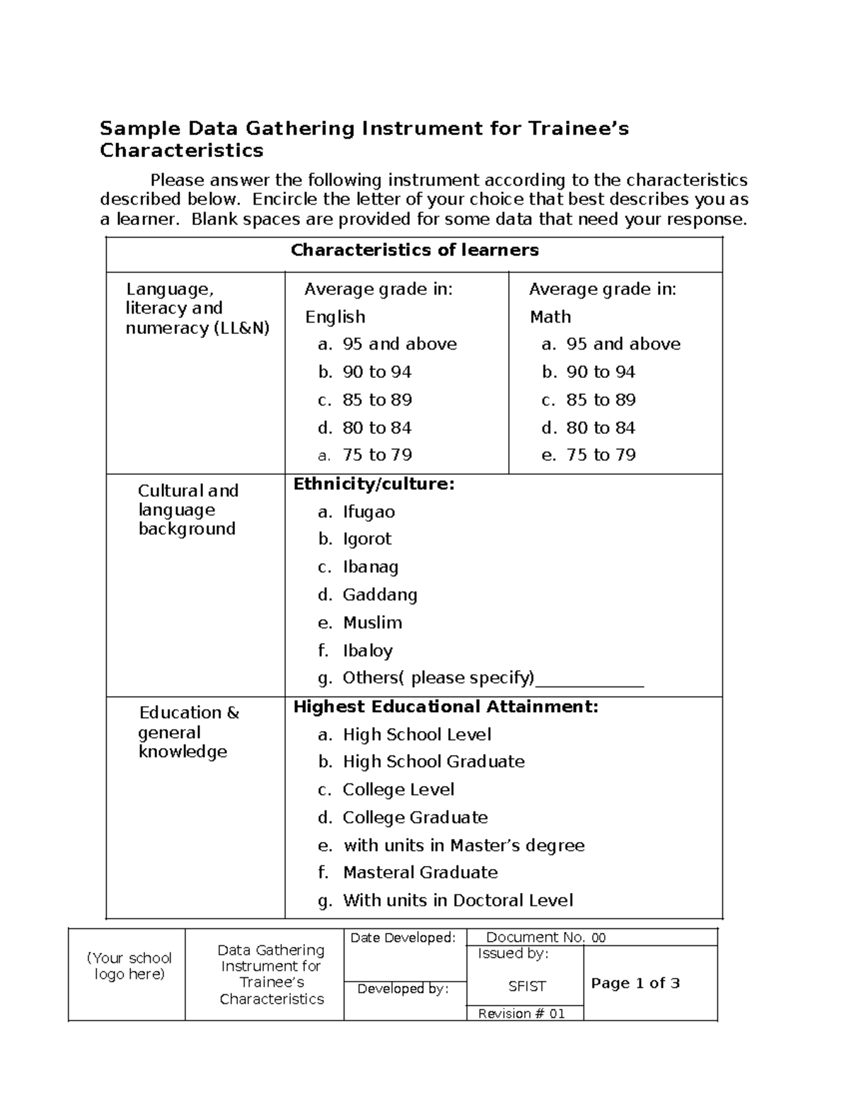 TEmplates Data Gathering Instrument - Sample Data Gathering Instrument ...