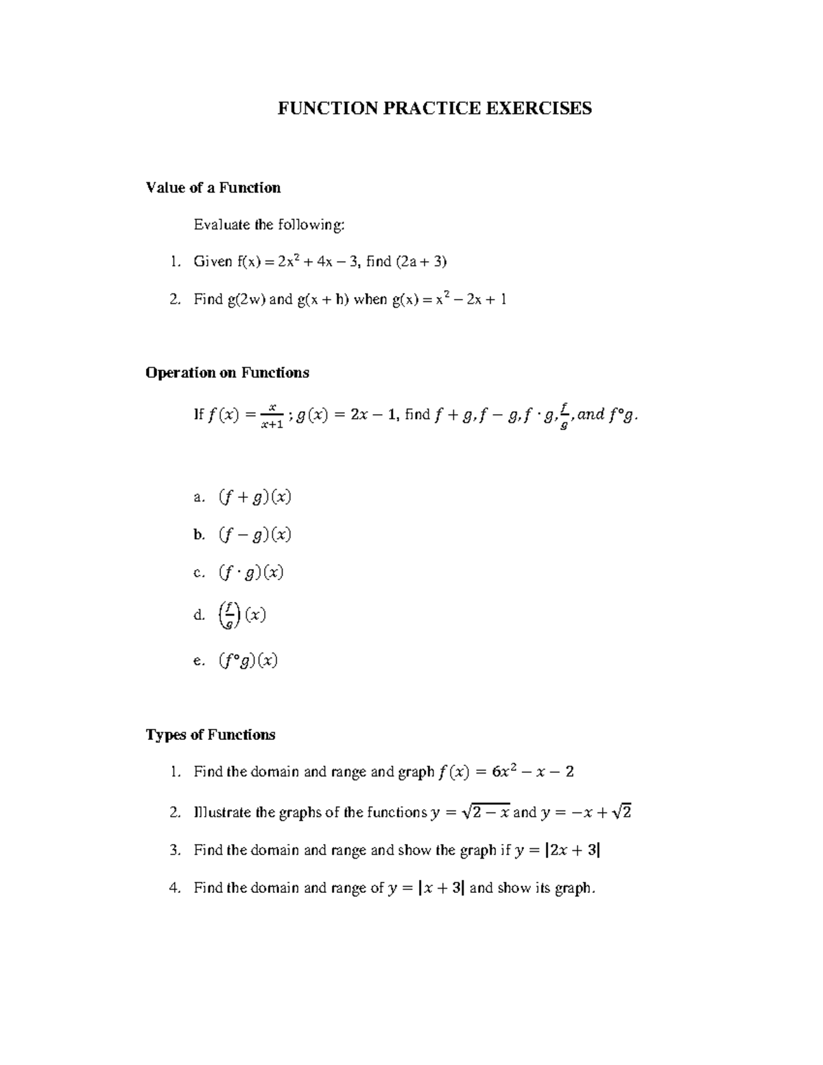 Functions Practice Exercises (Differential Calculus) - FUNCTION ...