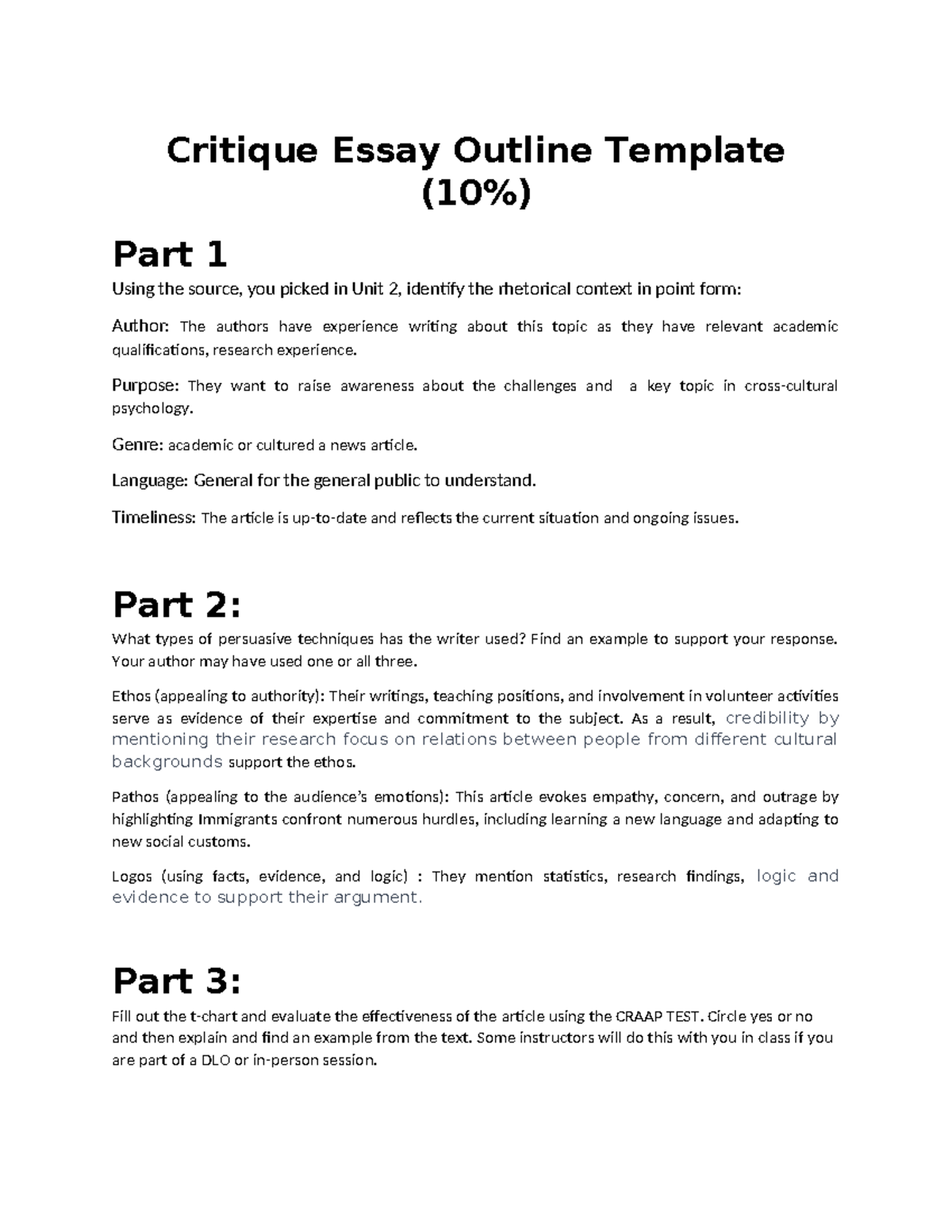 Project 1 essay outline Complete - Critique Essay Outline Template (10% ...