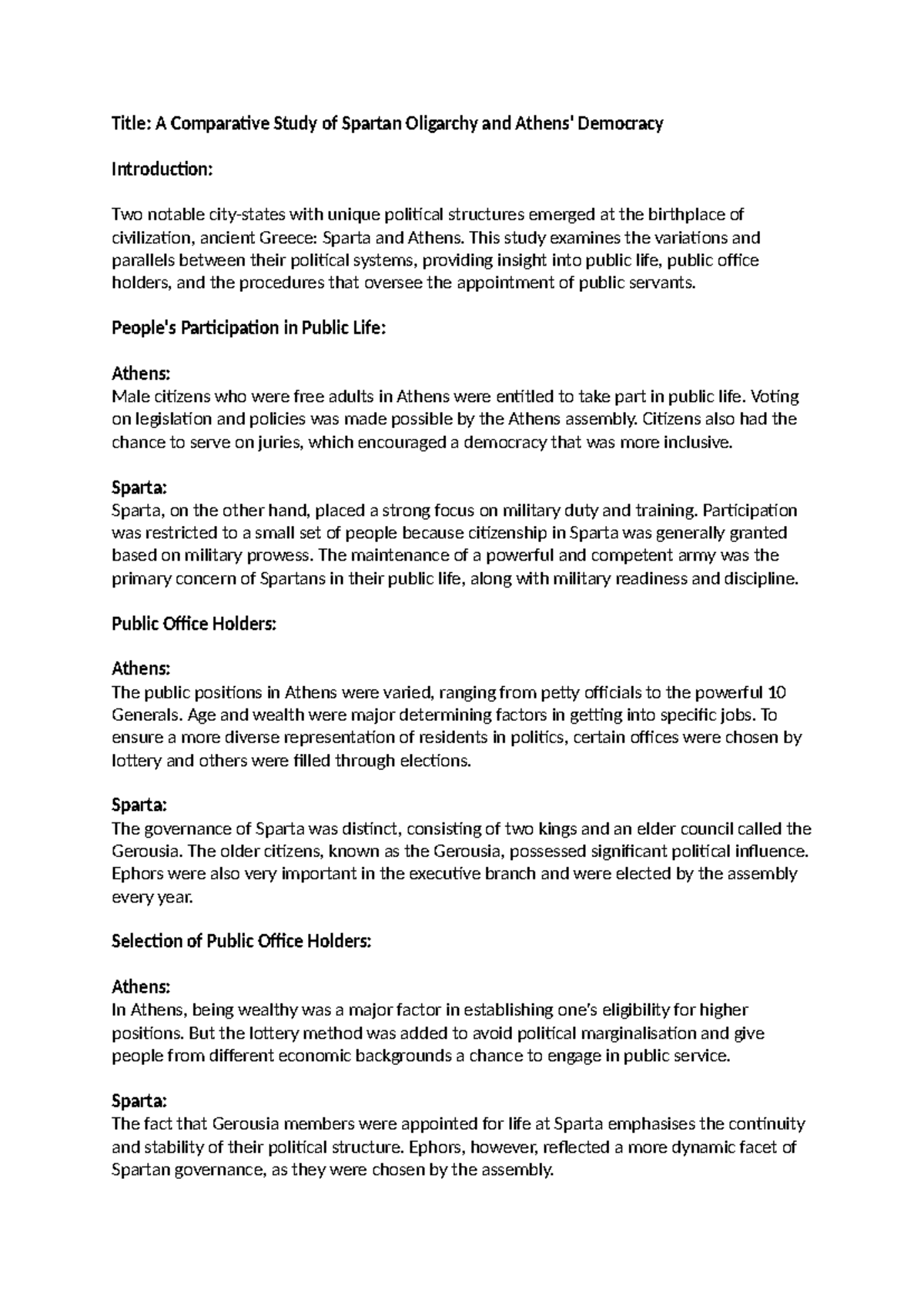 Written Assignment Unit 1 - Title: A Comparative Study of Spartan ...