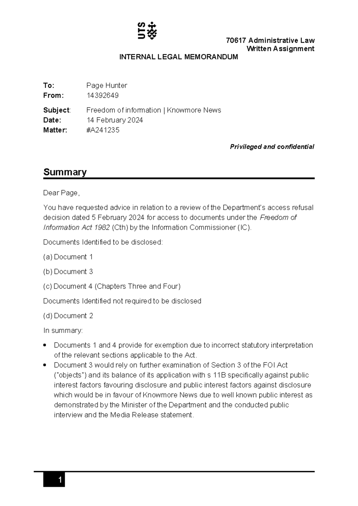 Administration Law Essay - Written Assignment INTERNAL LEGAL MEMORANDUM ...