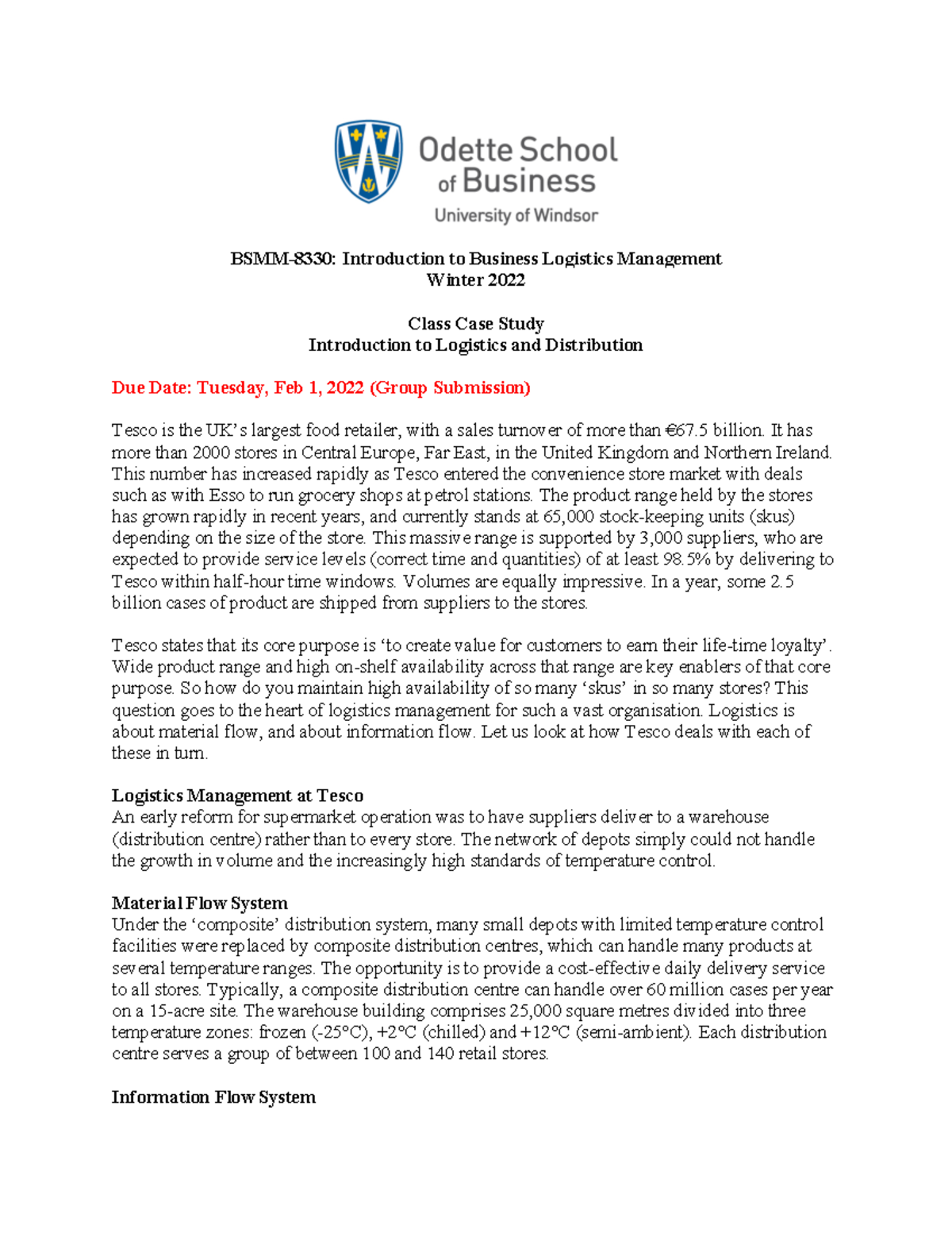 Case Study 1 for Logistics management - BSMM-8330: Introduction to ...