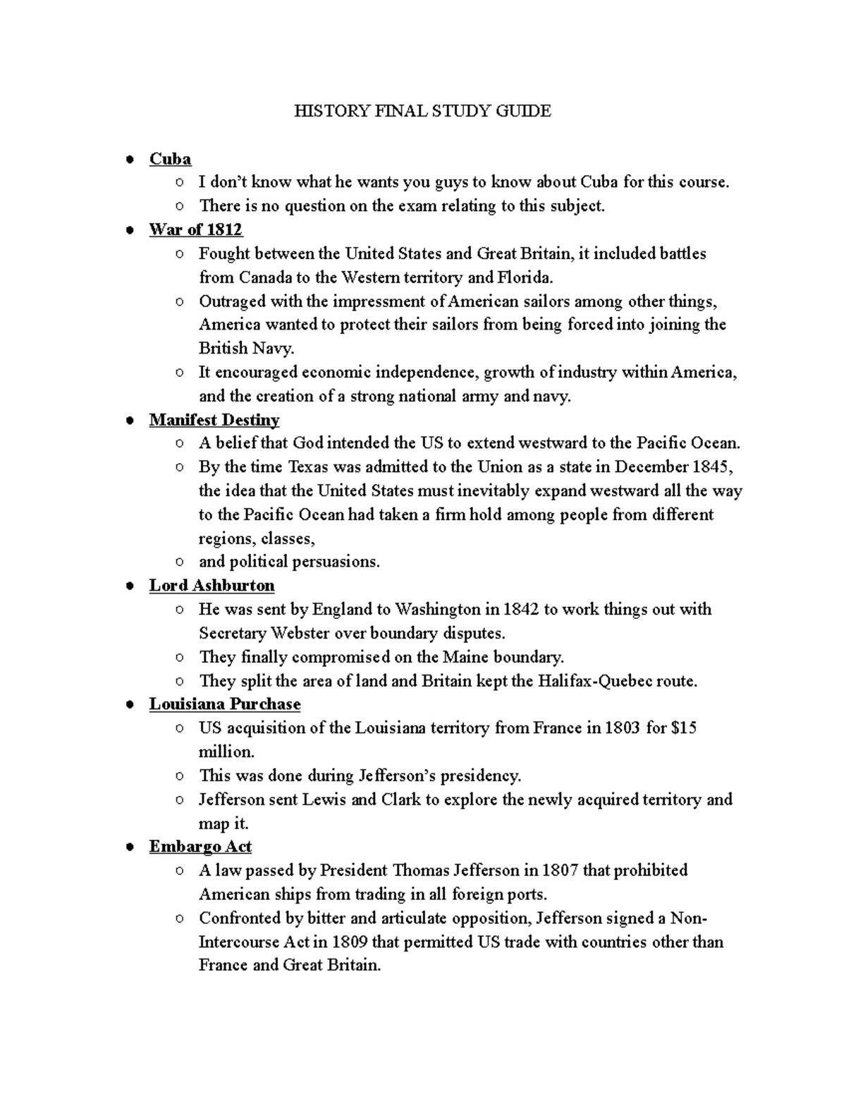 History Final Study Guide pt3 - HISTORY FINAL STUDY GUIDE Cuba I don’t ...