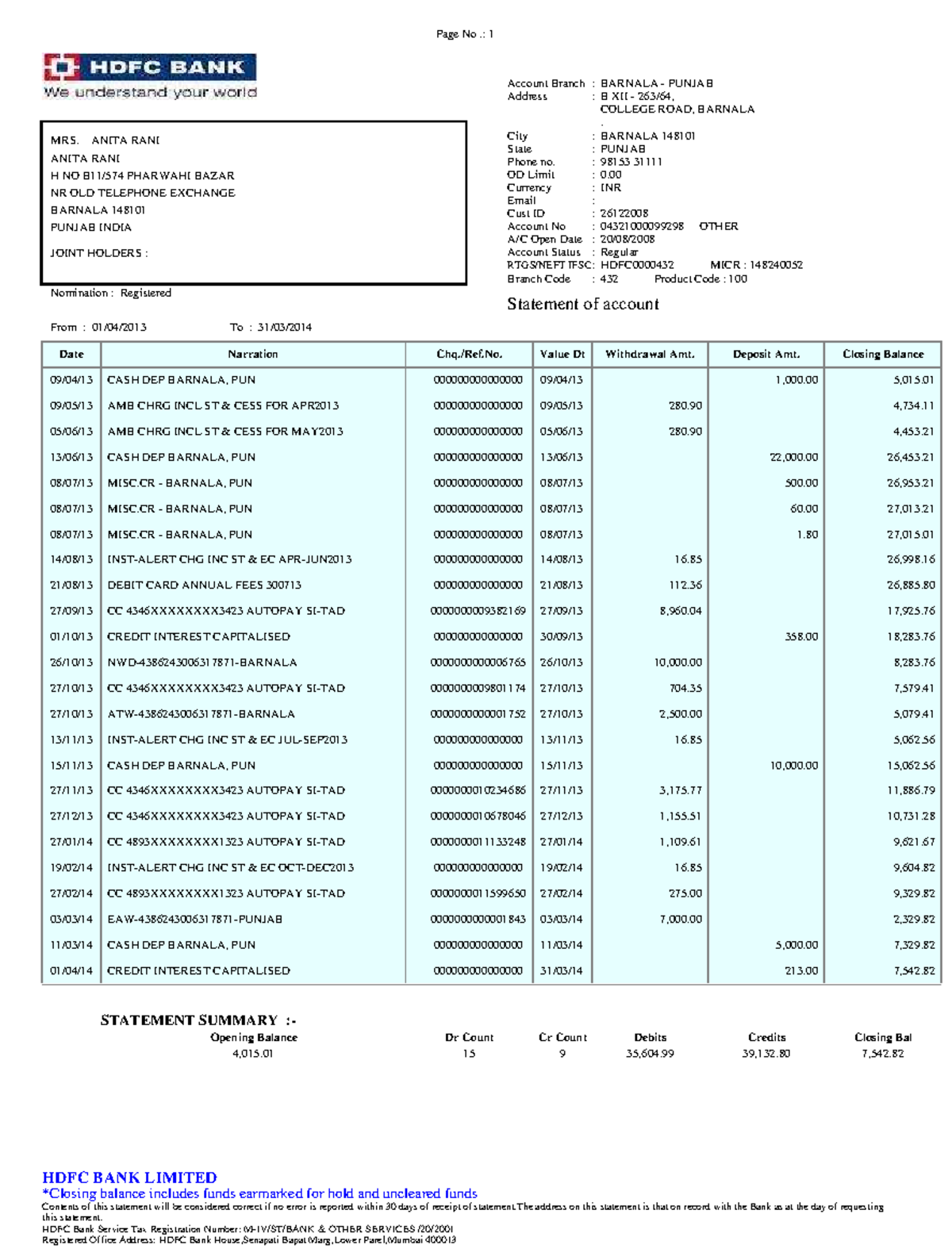 HDFC Bank statement - uyui - Date Narration Chq./Ref. Value Dt ...