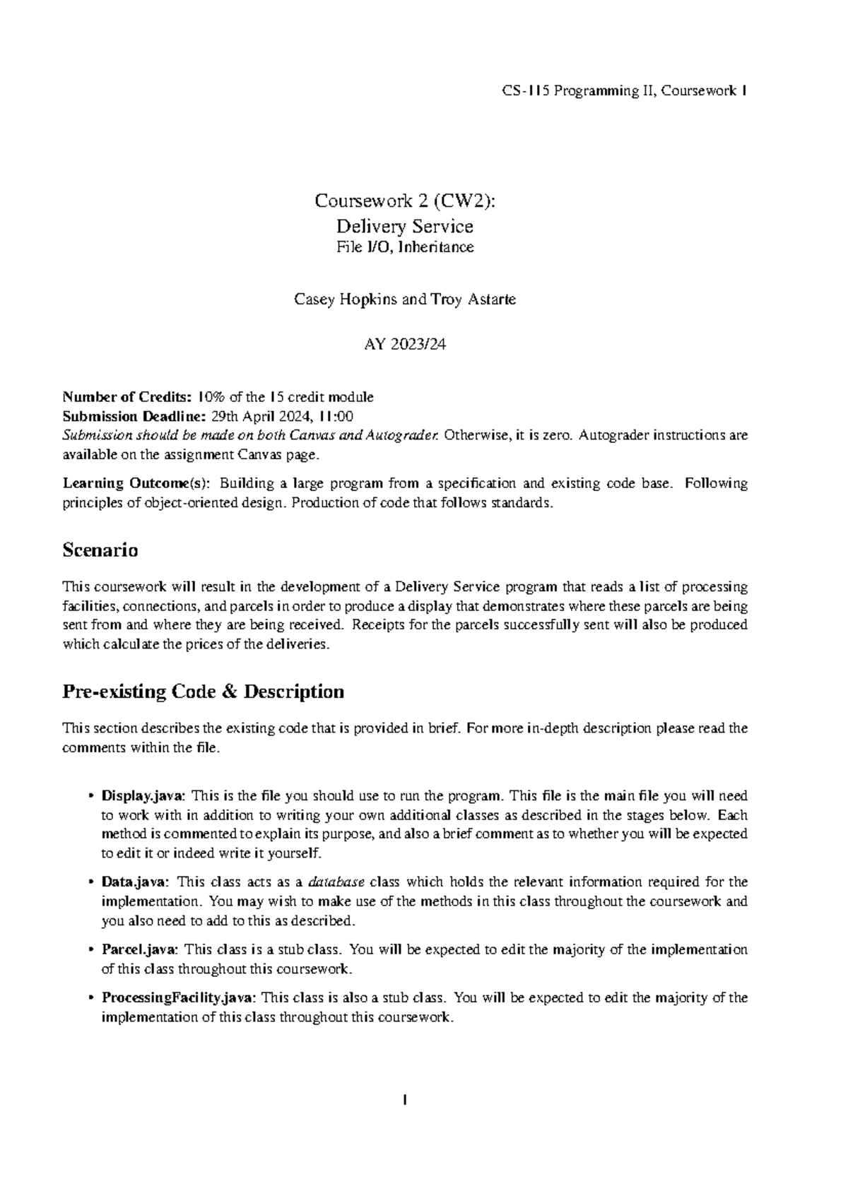 Cw2 - hello - Coursework 2 (CW2): Delivery Service File I/O ...