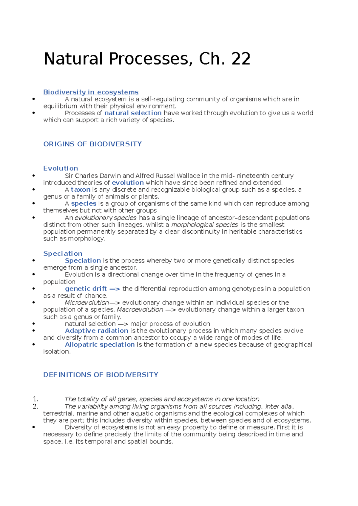 2018-2019 Summary Chapters Natural Processes - Natural Processes, Ch ...
