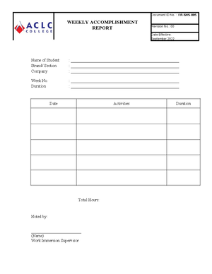 Weekly Accomplishment Report - WEEKLY ACCOMPLISHMENT REPORT Name of ...