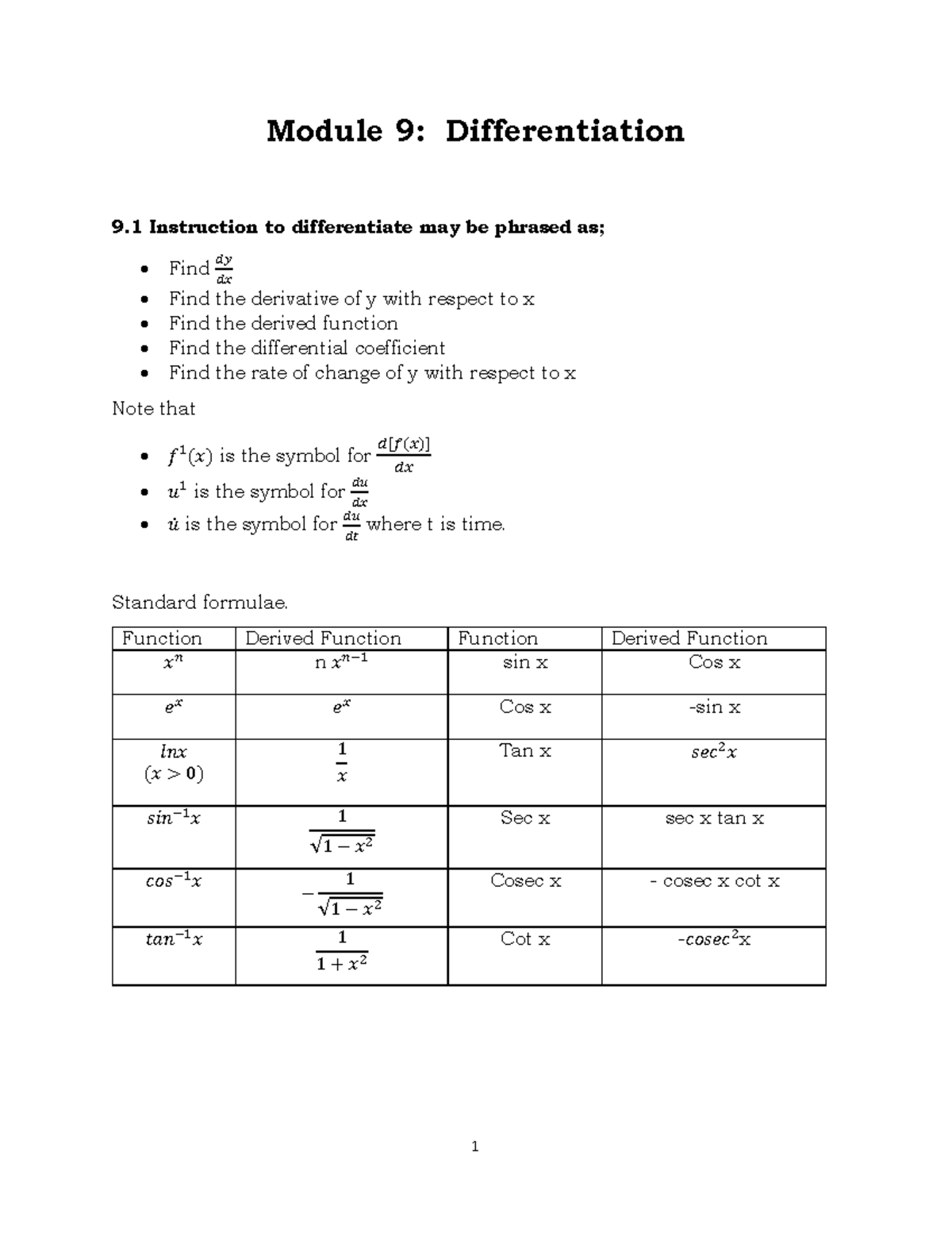 Differetiation. - Basic mathematics - Module 9: Differentiation 9 Instruction to differentiate ...