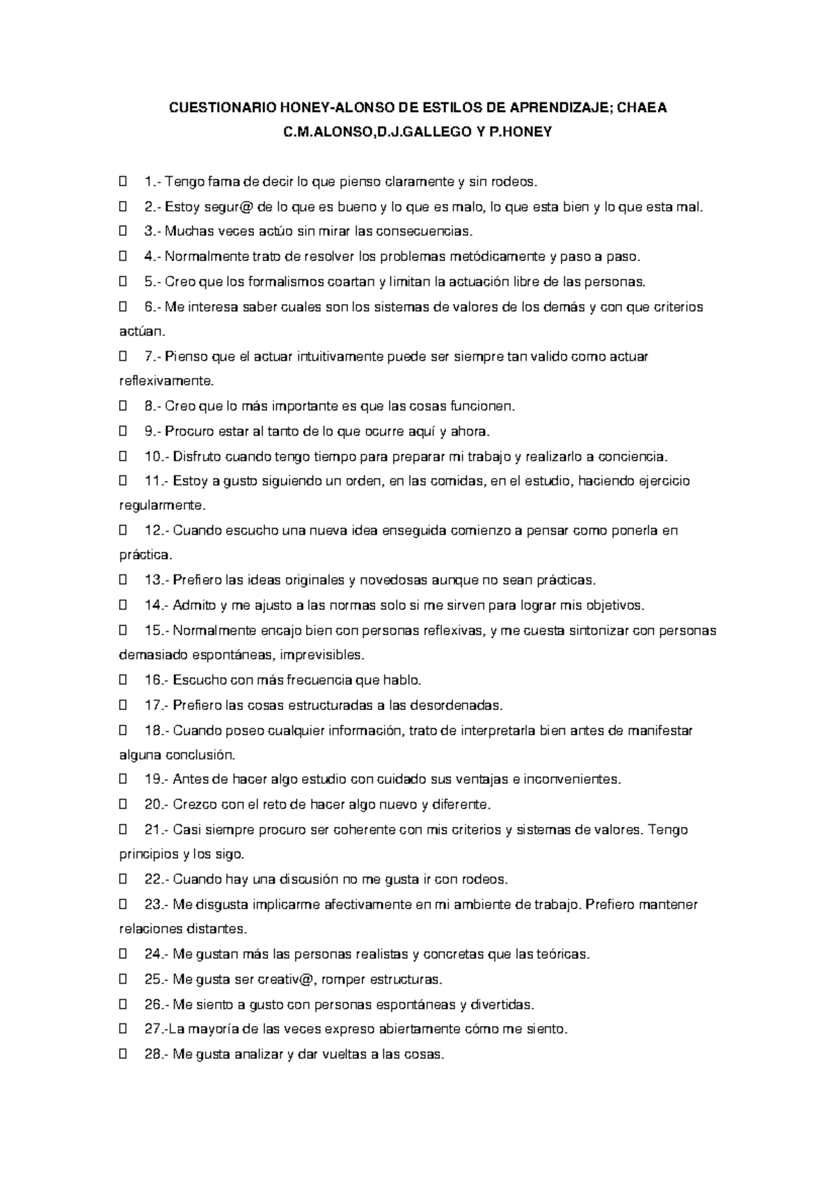 Cuestionario de Chaea para estilos de aprendizaje - CUESTIONARIO HONEY ...