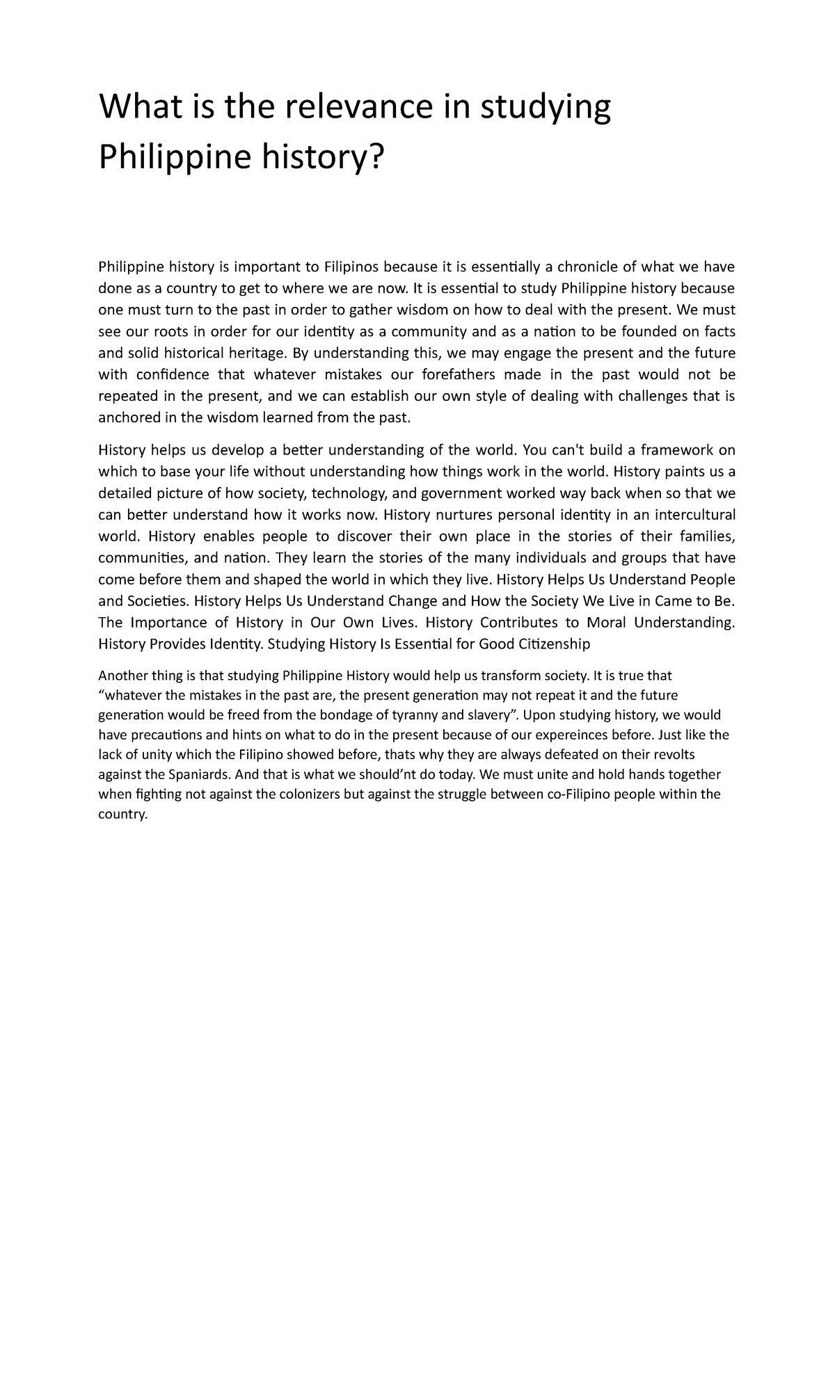 RPH assignment 1 - What is the relevance in studying Philippine history ...