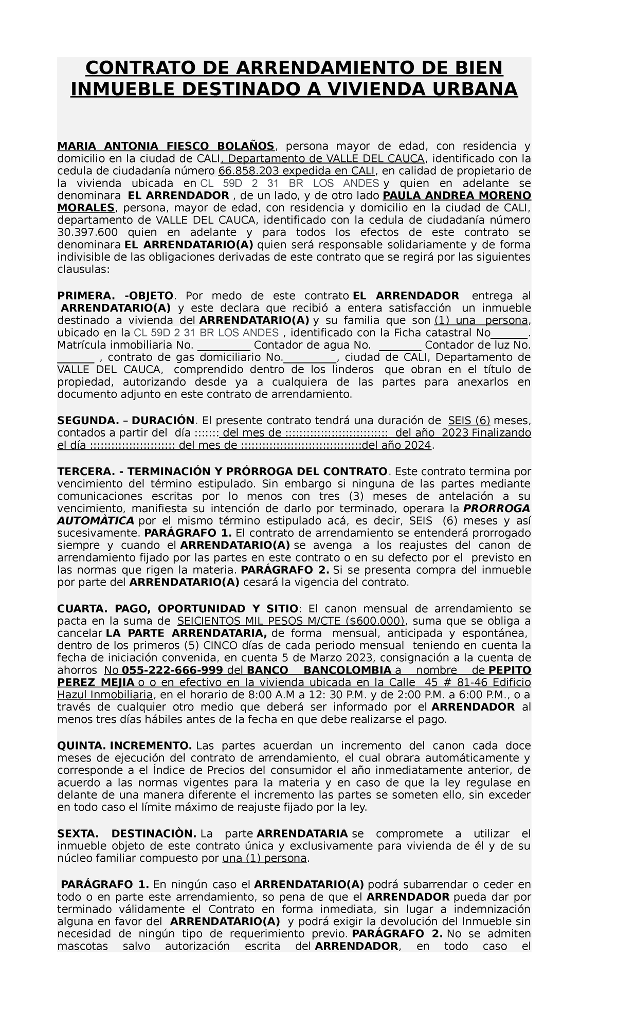 Contrato DE Arrendamiento DE BIEN Inmueble Destinado A Vivienda Urbana - CONTRATO DE ...