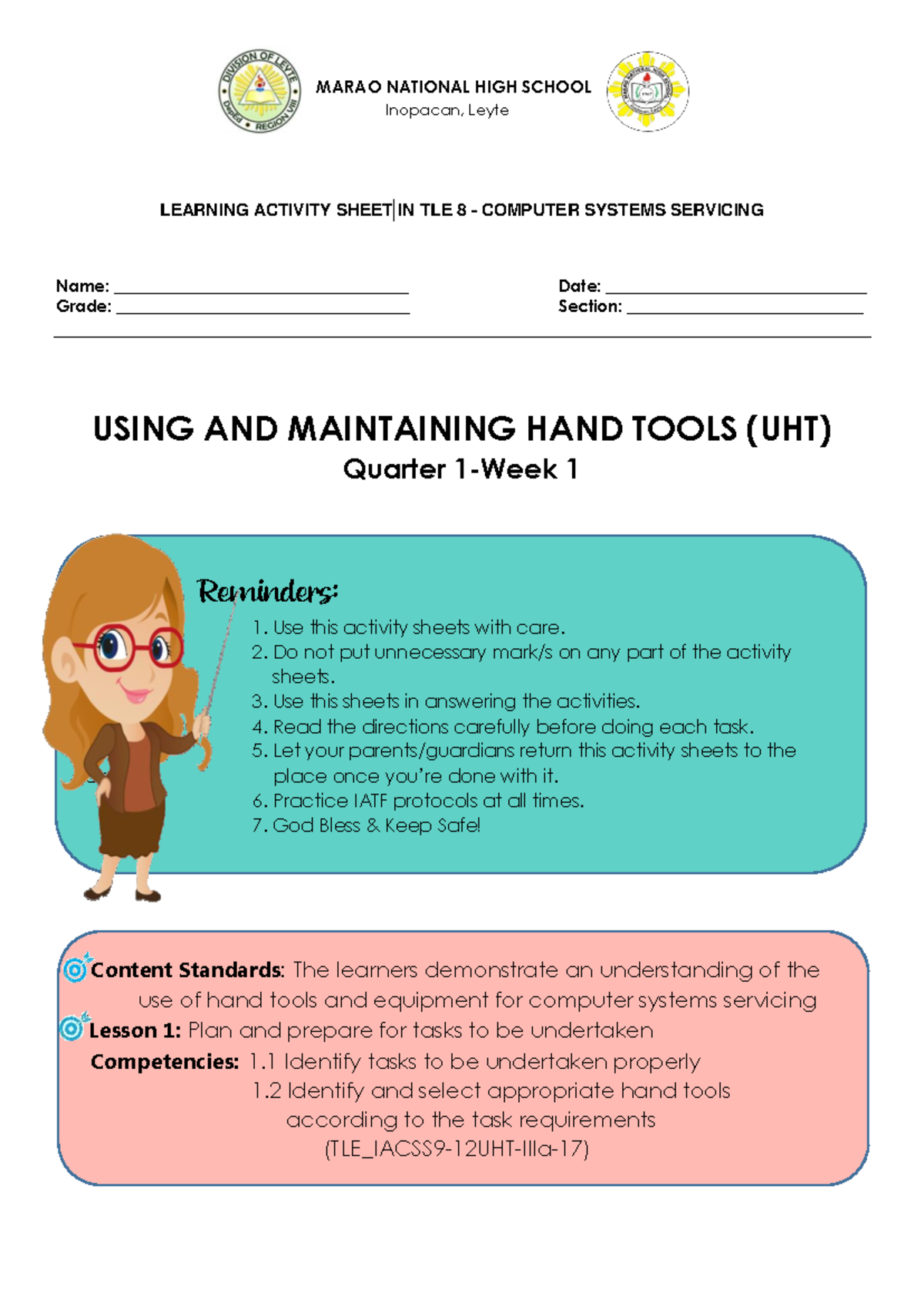 TLE 8-CSS(Week 1) - Assessment - Reminders: Use this activity sheets ...