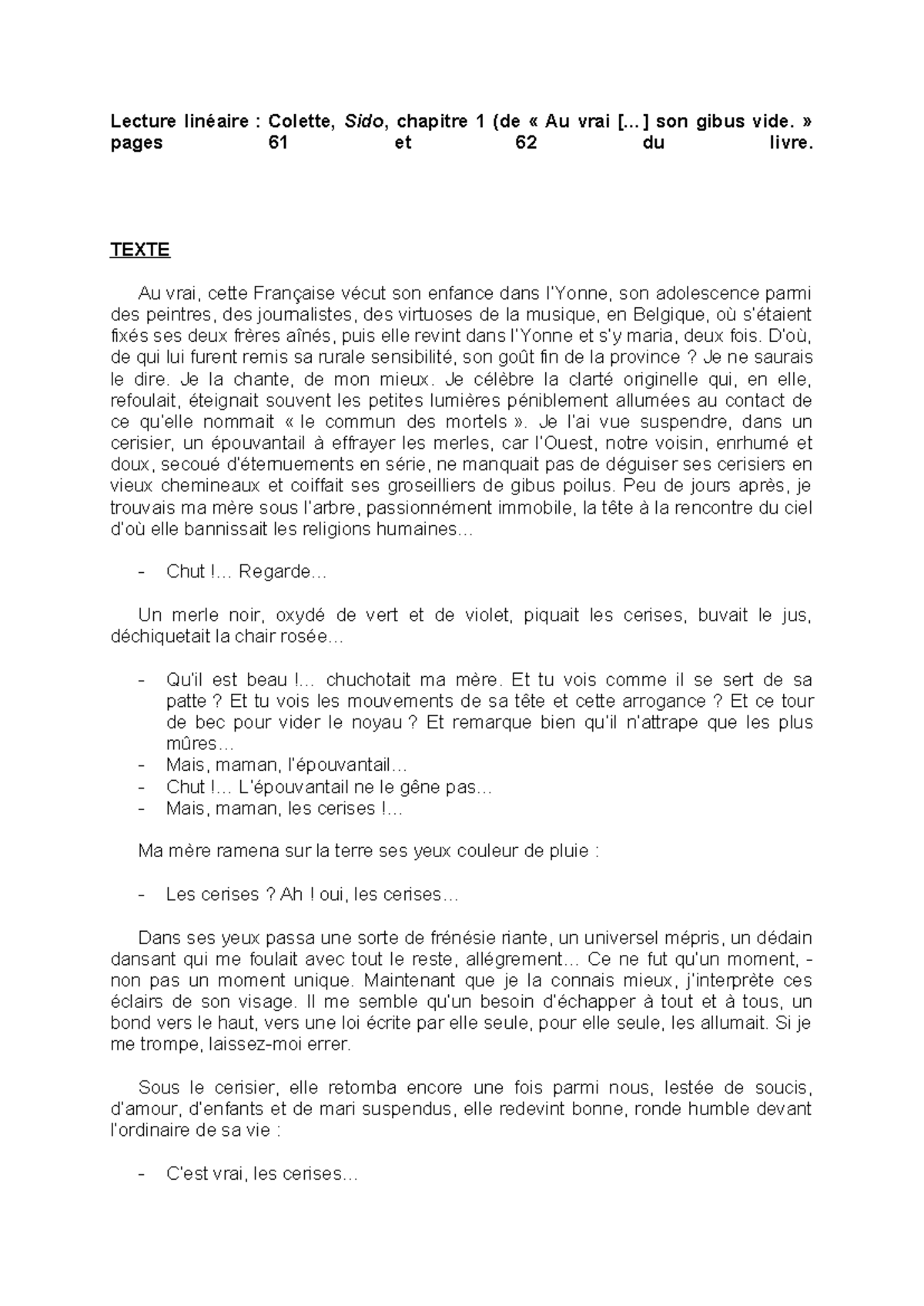 Lecture lineaire Sido de Colette - Lecture linéaire : Colette, Sido ...