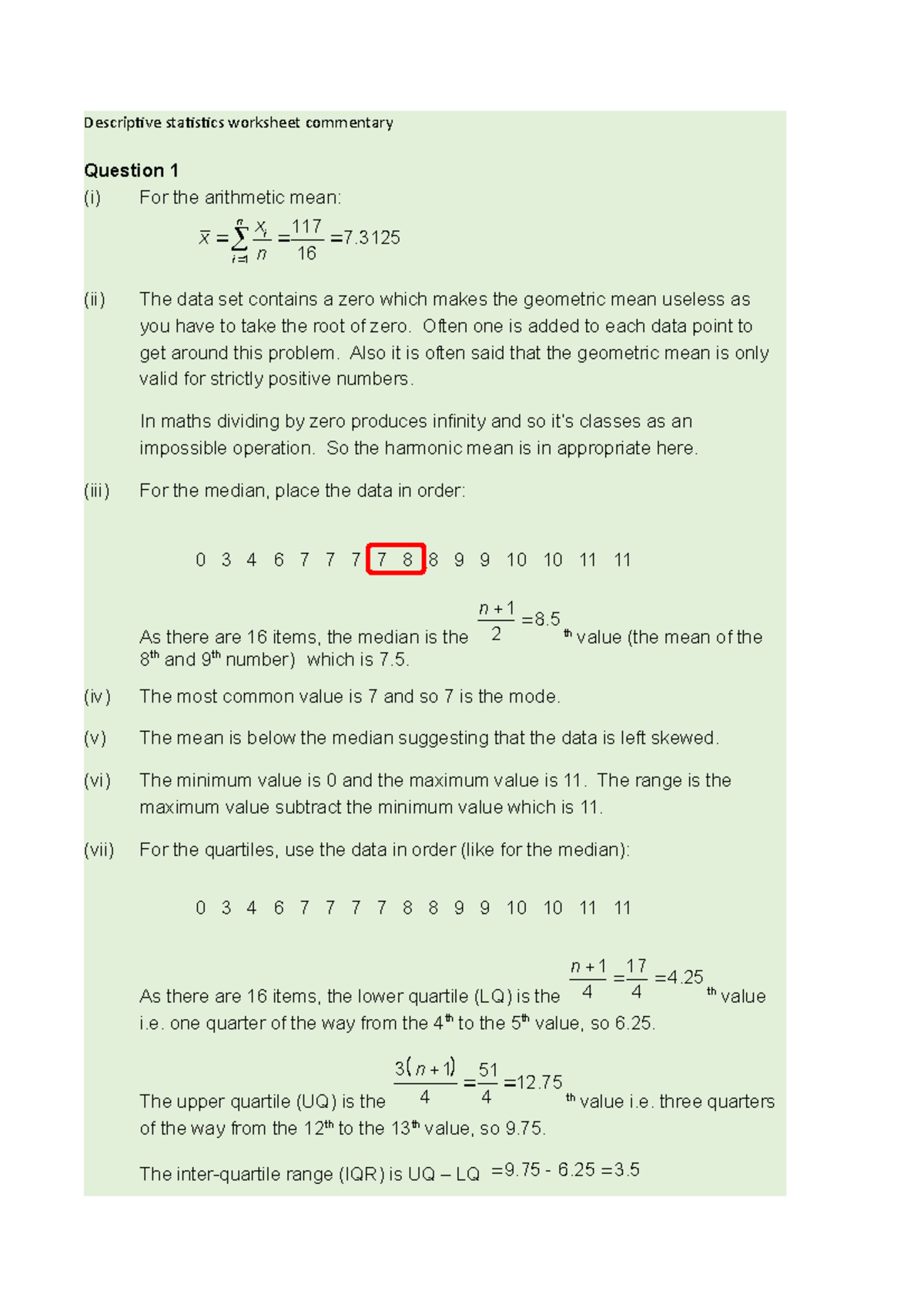 Descriptive Statistics worksheet Commentary(1) - Descriptive statistics ...