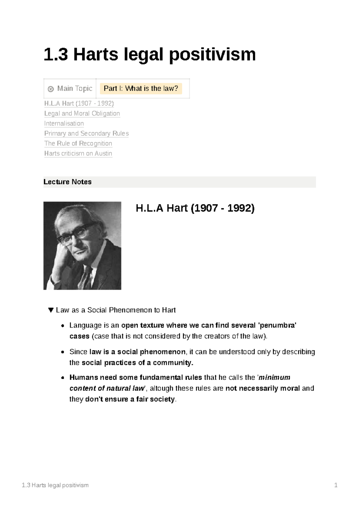 1.3 Harts legal positivism - 1 Harts legal positivism Main Topic Part I ...